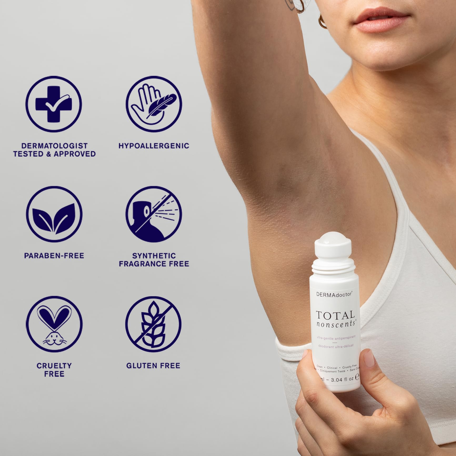DERMAdoctor Total NonScents Ultra-Gentle Antiperspirant Sensitive Skin. Unscented, Clinical Strength Antiperspirant for Men & Women; Hypoallergenic Roll On Deodorant - 3 oz