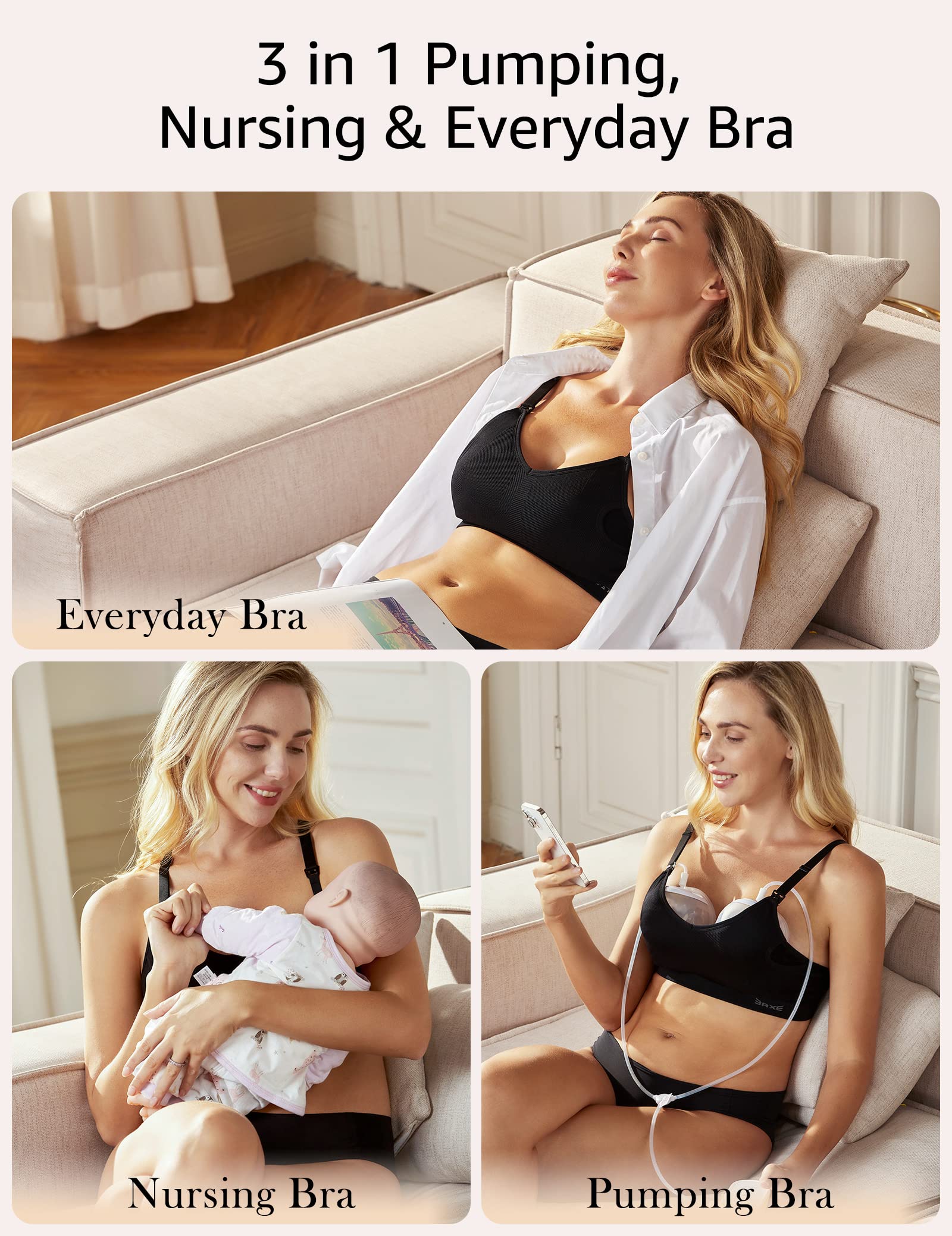 3AXE Hands Free Pumping Braor Women 2 Pack Supportive Comfortable All Day Wear Pumping and Nursing Bra in One Holding Breast Pump Black Beige Medium