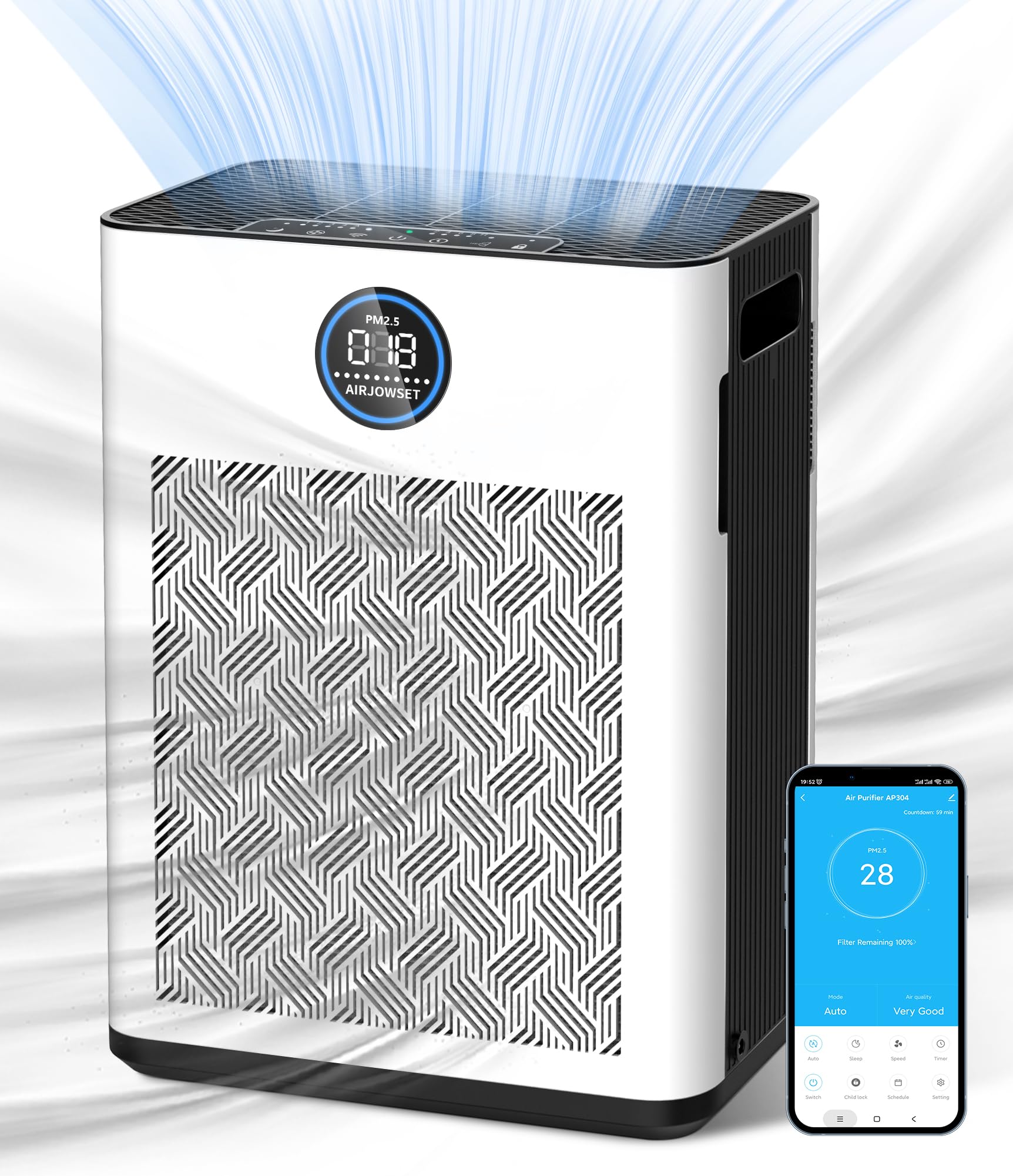 Air Purifier, Smart Air Purifiers for Home Large Room up to 1830 Ft² in 1 Hr, H13 HEPA Filter, Digital Air Quality Sensor Double-sided Air Intake Air Cleaner for Pet Smoke Dust for Bedroom (AP304)