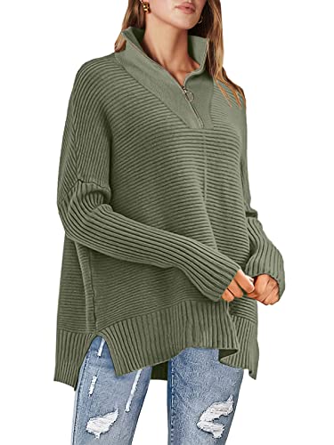 ANRABESS Womens 2023 Fall Oversized Zip Sweaters Long Sleeve V Neck Collar Casual Loose Baggy Ribbed Knit Pullover Quarter Zip Tunic Sweater with Slit B770kaqilv-L Dark Green
