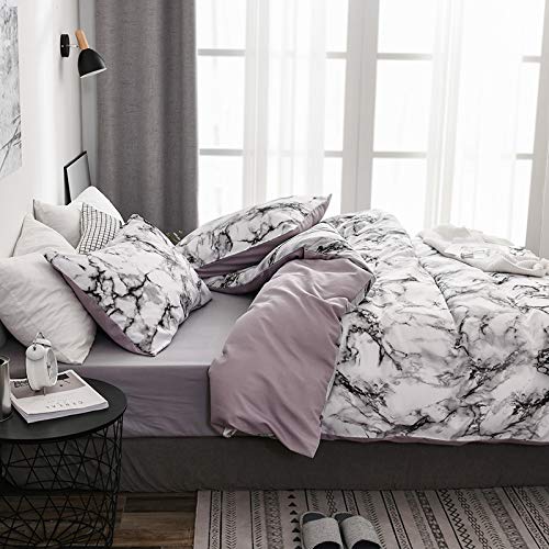 Jolusere White Marble Duvet Cover Set Queen Size White Gray Reversible Bedding Set Boho Aesthetic Farmhouse Bedding Ultra Soft Lightweight Breathable Microfiber Bed with Zipper Closure for All Seasons