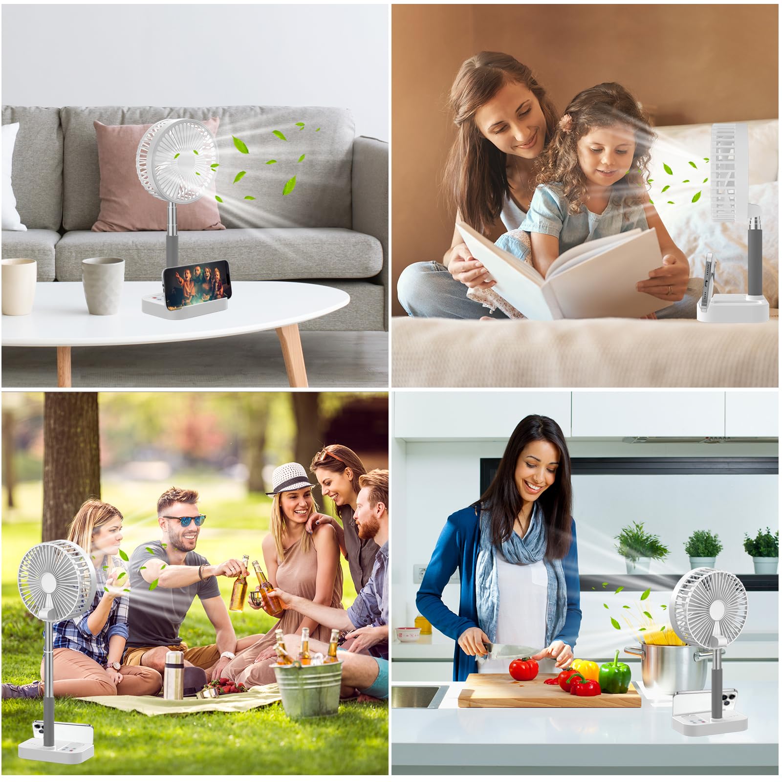 Portable fan rechar geable USB Standing Fan Foldable Desk Fan Wireless Use Rechargeable Battery Remote Control 4 Speed Quiet Timertelescopic Fan for office Home Kitchen Outdoor Camping (white)