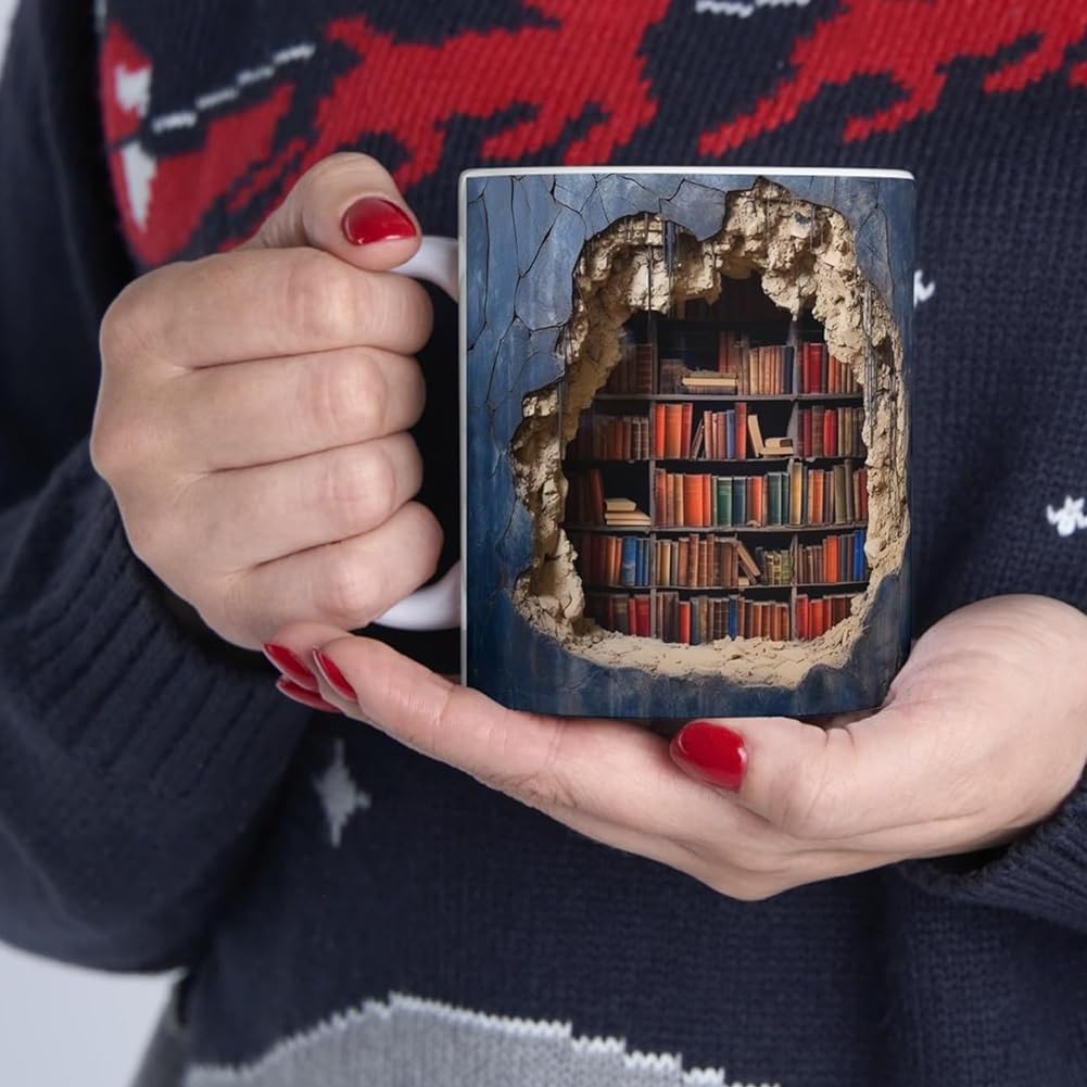 3D Bookshelf Mug,Coffee Cups,3D Bookshelves Hole In A Wall Mug,Creative Space Design Multi-Purpose Mugs,A Library Shelf Cup,Coffee Mugs for Library Office,Book Lovers Coffee Mug,A Gift for Readers
