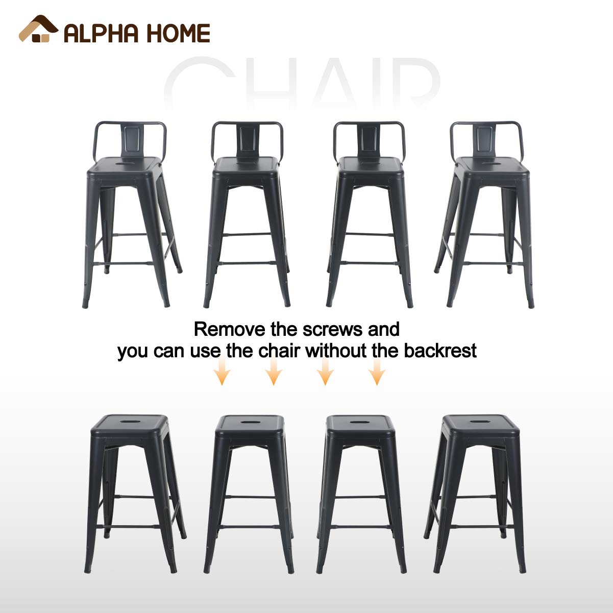ALPHA HOME Metal Bar Stool Patio Stool 24 inches Counter Height Stools Set of 4 with Low Back Bar Chair for Indoor-Outdoor Kitchen Weight Capacity 350 lb, Matte Black