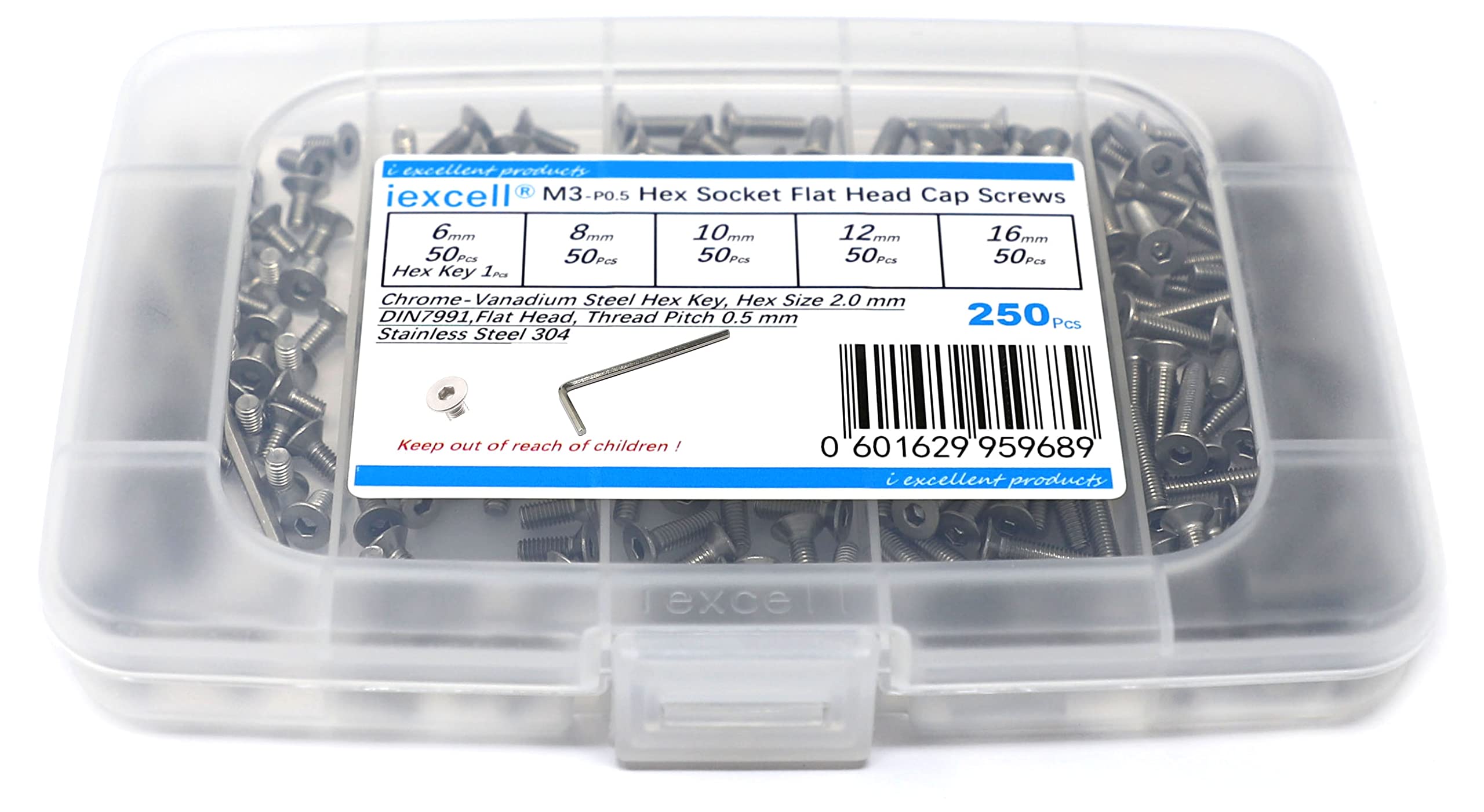 iexcell 250 Pcs M3 x 6/8/10/12/16 Stainless Steel 304 Hex Socket Flat Head Cap Screws Bolts Assortment Kit
