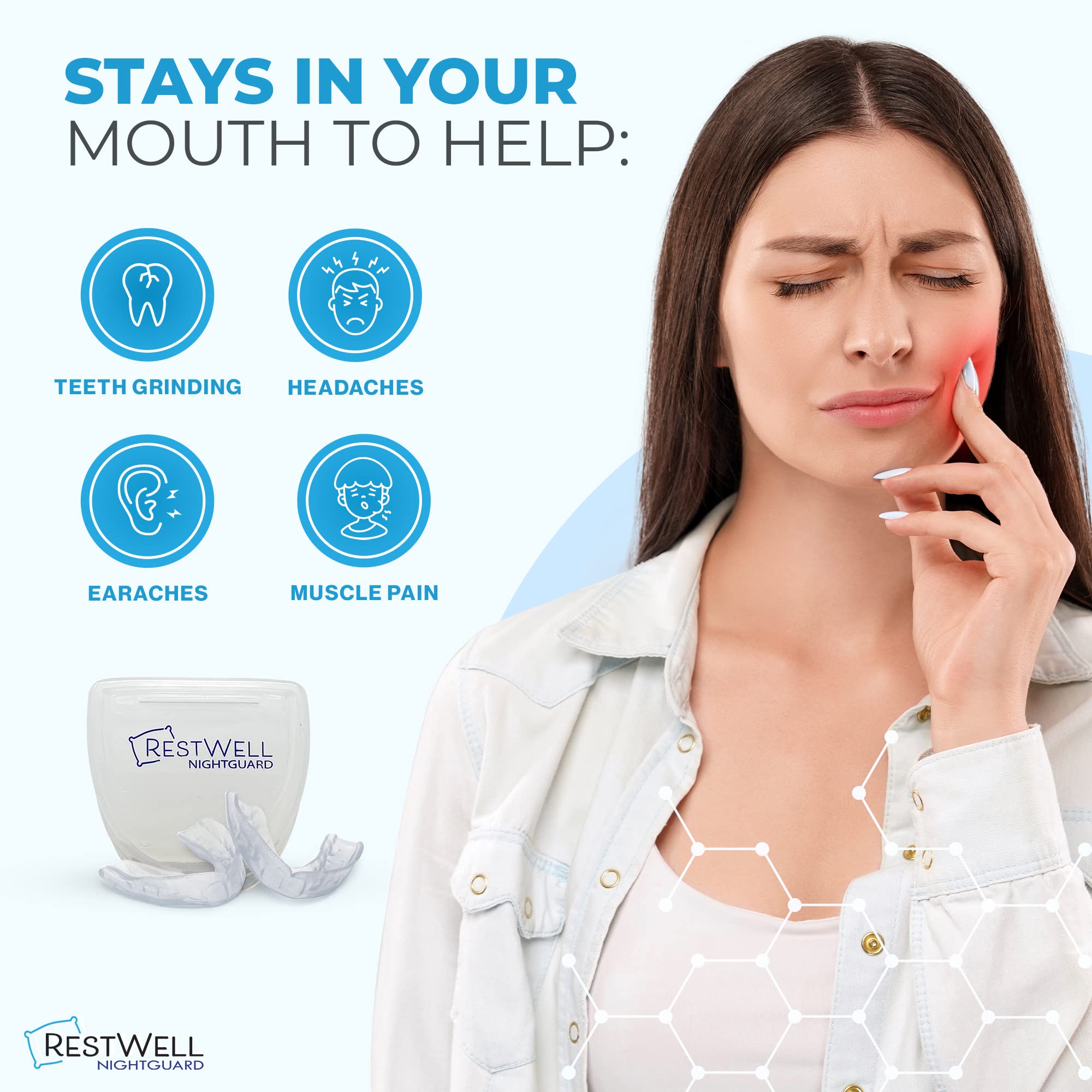 Restwell Dental Nightguard for Teeth Grinding, Bruxing & TMJ Relief, Anti Protector, Clear, 3 Piece Set, 2 Count