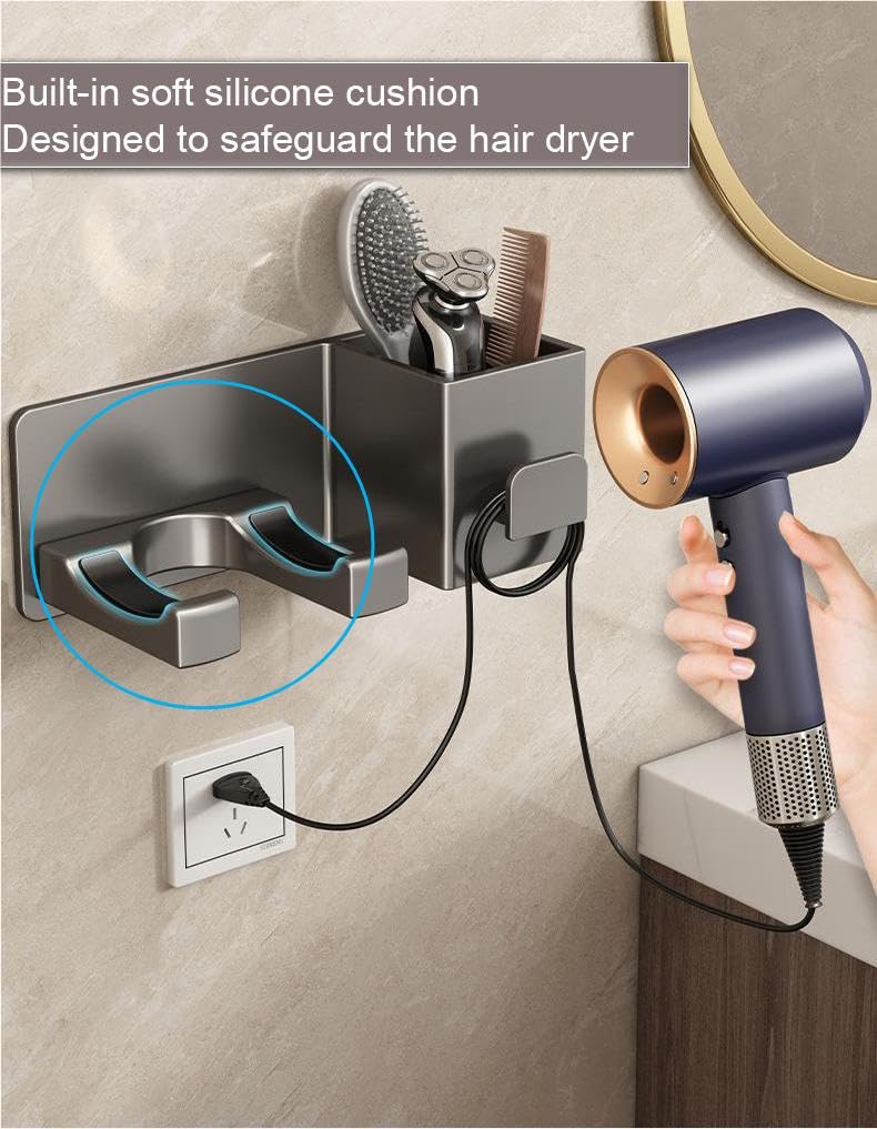 ALOeu Hair Dryer Holder Wall Mounted, Aluminum Organizer Rack with Self Adhesive for Shark or Dyson Supersonic Hair Dryer, grey