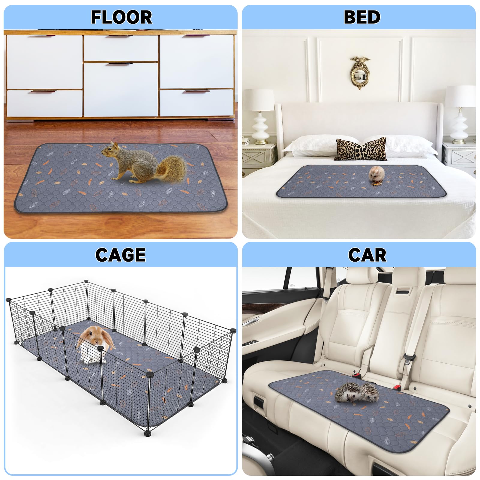 Sunheir 2 Pack Washable Guinea Pig Pee Pads, 24" x 48" Waterproof Reusable Guinea Pig Cage Liners, Absorbent Bedding Training Mat for Small Animal Guinea Pigs Rabbit Bunny Hamster (Leaves - Deep Grey)