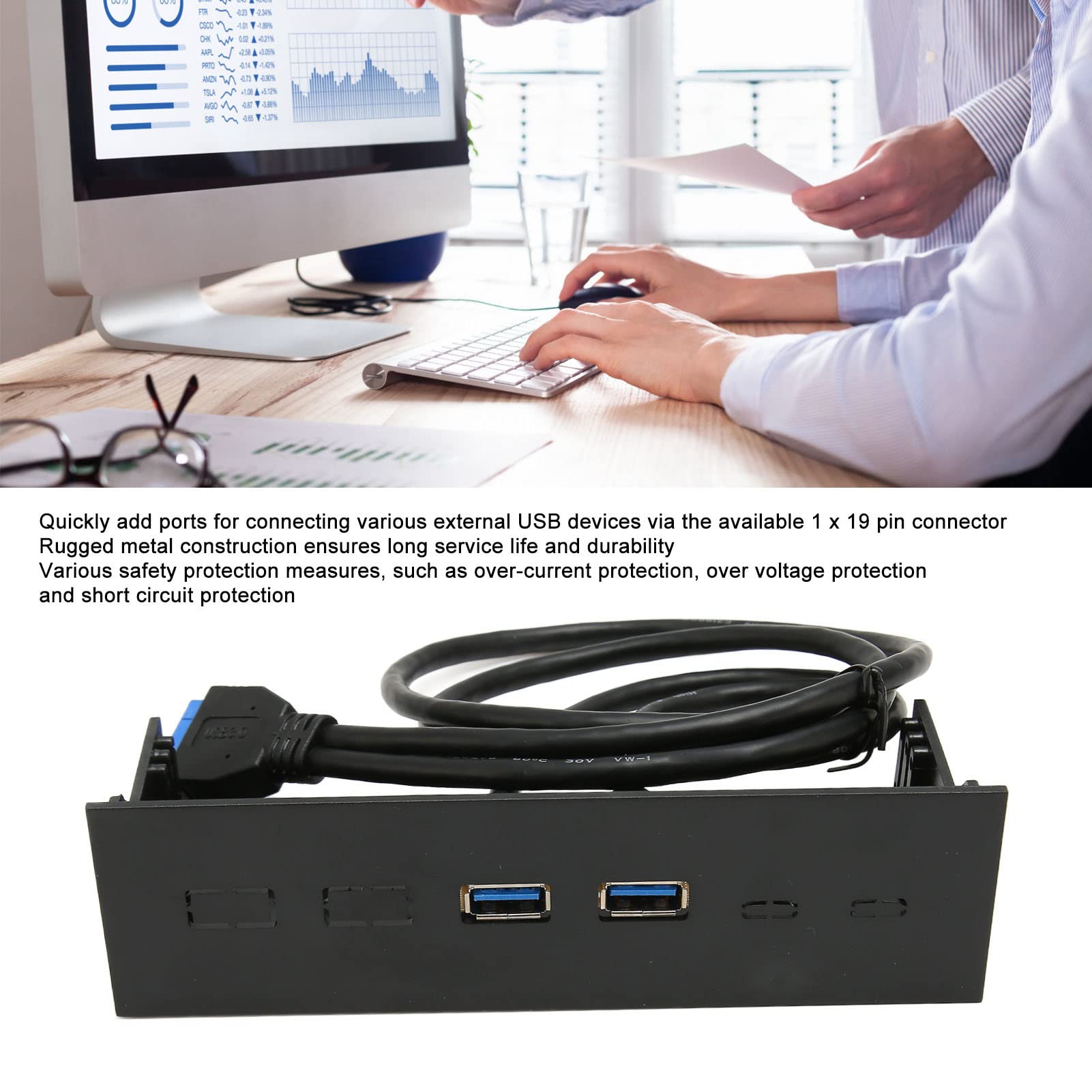 5.25 Inch Front Panel, PC Multifunction Media Dashboard, USB 3.0 to 19 Pin Metal Optical Drive Bay 2 Port USB Hub for PC Computer Case