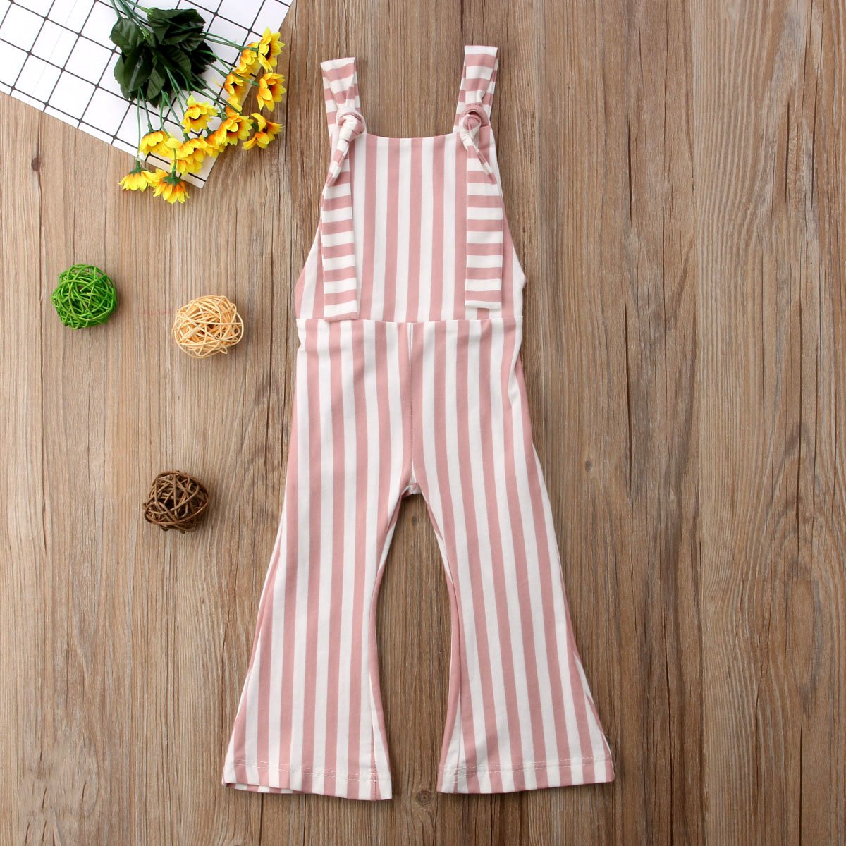 ZAXARRA Toddler Baby Girl Stripes Bell-Bottom Jumpsuit Romper Overalls Long Pants Outfits (1-2 Years, Brown Pink)