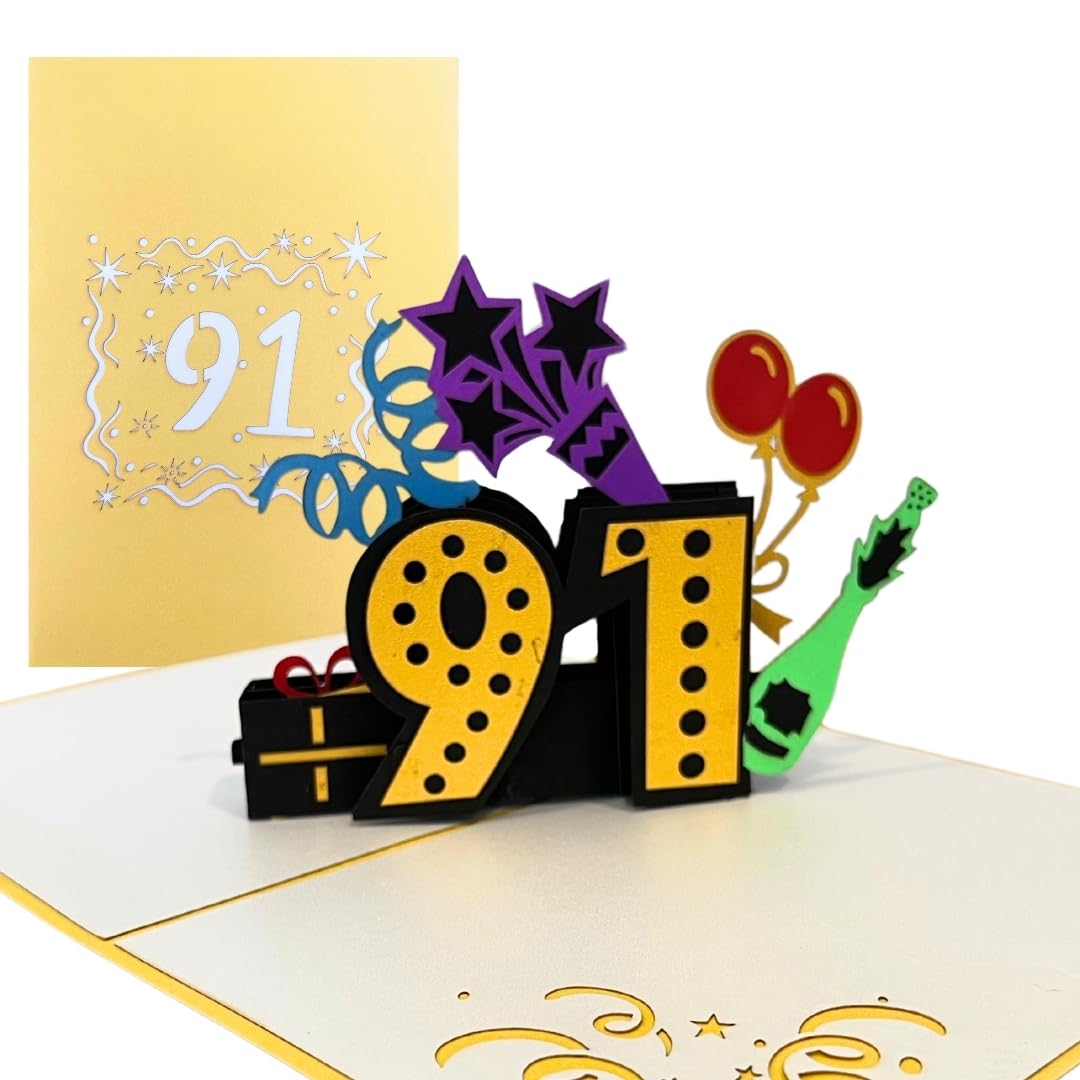 ALPHAK Happy 91st Birthday 3D Pop Up Card, Birthday 3D Greeting Card, 91st Birthday Gifts