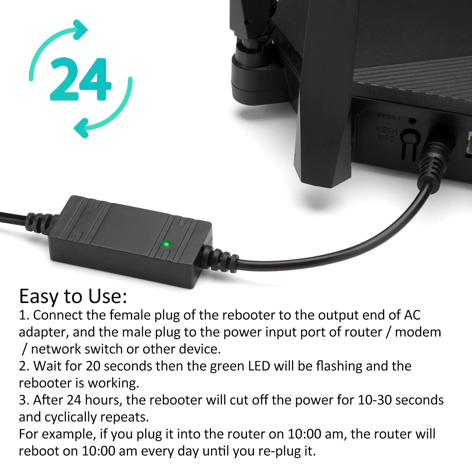 5.5 x 2.1mm Extension Cable with Router Rebooter (10 Inches Length), Works with AC Adapter to Reboot WiFi Router / Modem / Switch / IP Camera Automatically, Refresh Your Network Connection Regularly