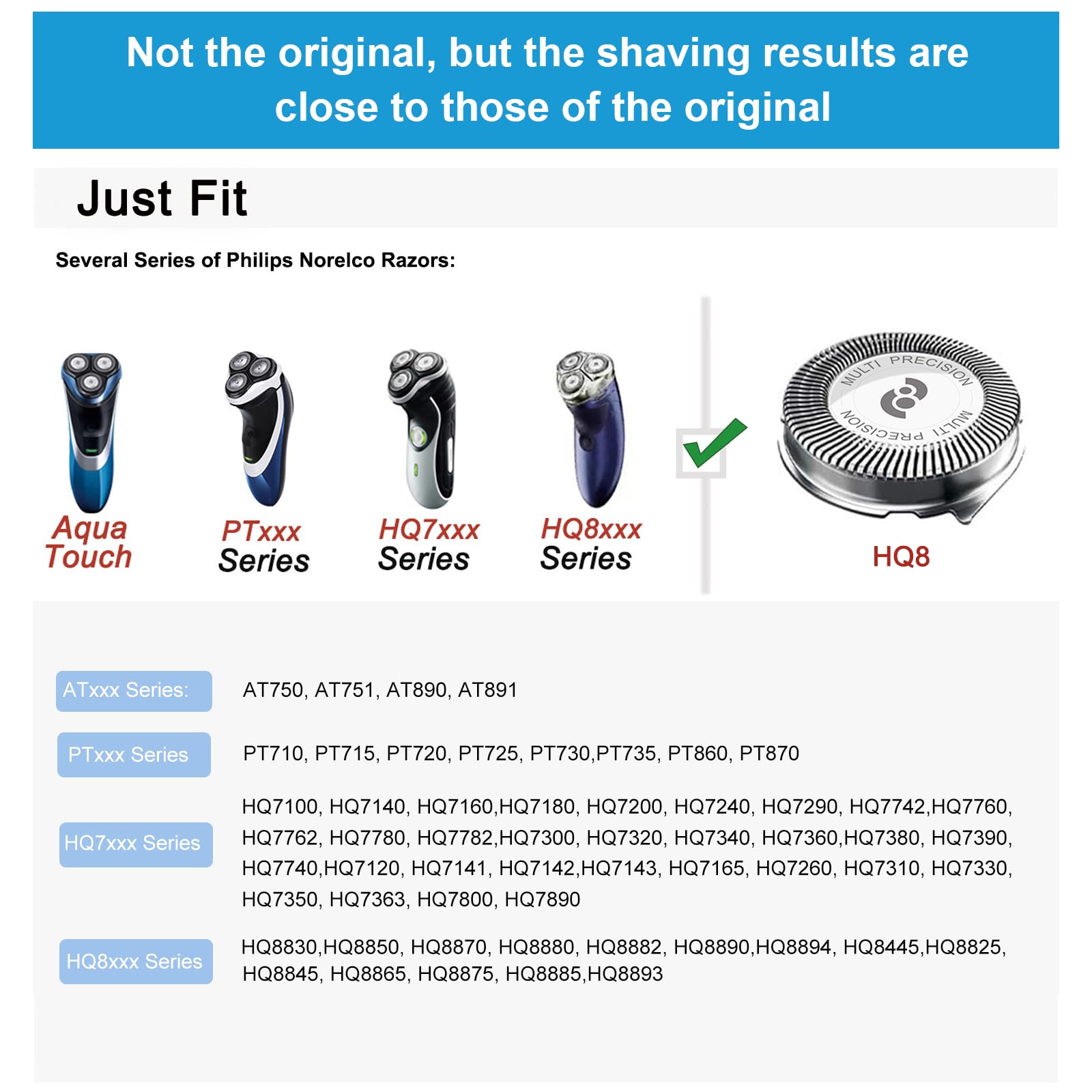 HQ8 Replacement Heads, Blades for Aquatec Shaver HQ8505 AT815 AT810, 3pc-Pack