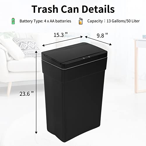 BLKMTY Trash Can 13 Gallon Trash Cans 50 Liter Kitchen Trash Can with Lid Plastic Garbage Can Automatic Garbage Bin Touchless Trash Bin for Office Bathroom Rubbish Can Auto Waste Bin, Black