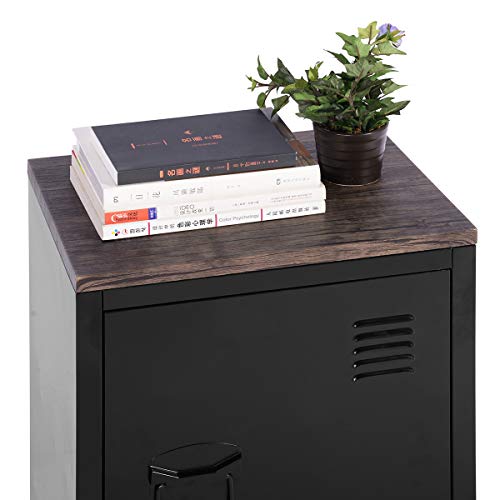 FurnitureR Metal Locker Storage Nightstand for Boy Teens Bedroom with Wood Top/Door 2 Tier Shelves Removable