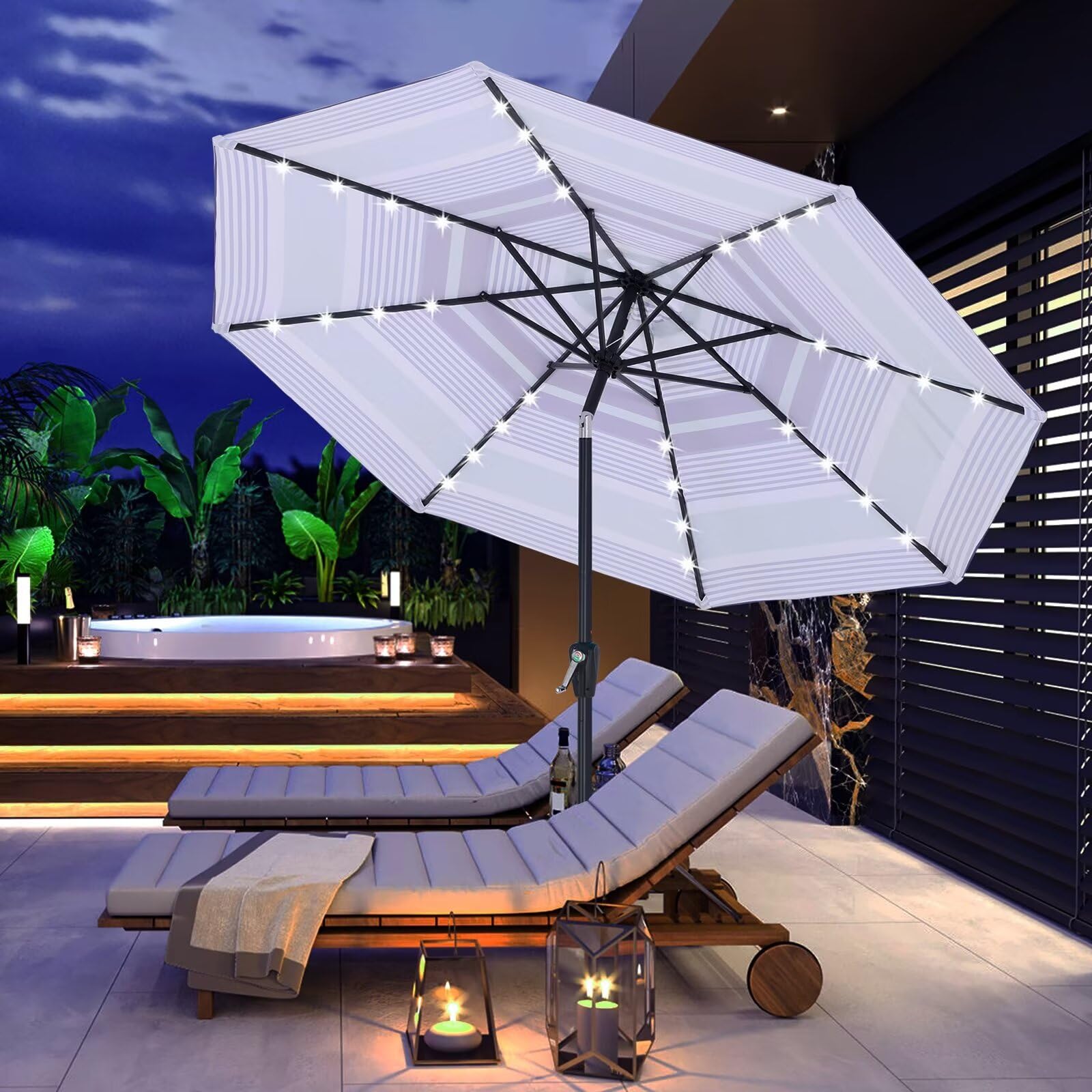 ABCCANOPY Durable Solar Led Patio Umbrellas with 32LED Lights 10FT (Blue Purple Stripes)