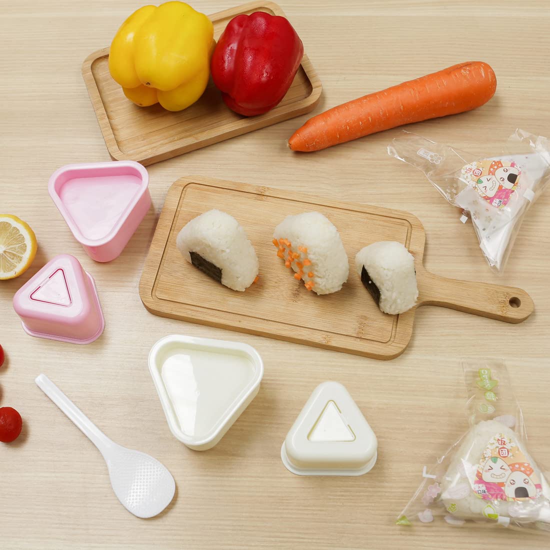 Aesumta Triangle Onigiri Mold,2 Pcs Sushi Mold ,Onigiri Mold Set with Wrapper Bags & Stickers for Bento Home DIY Sushi Making Kit (pink)