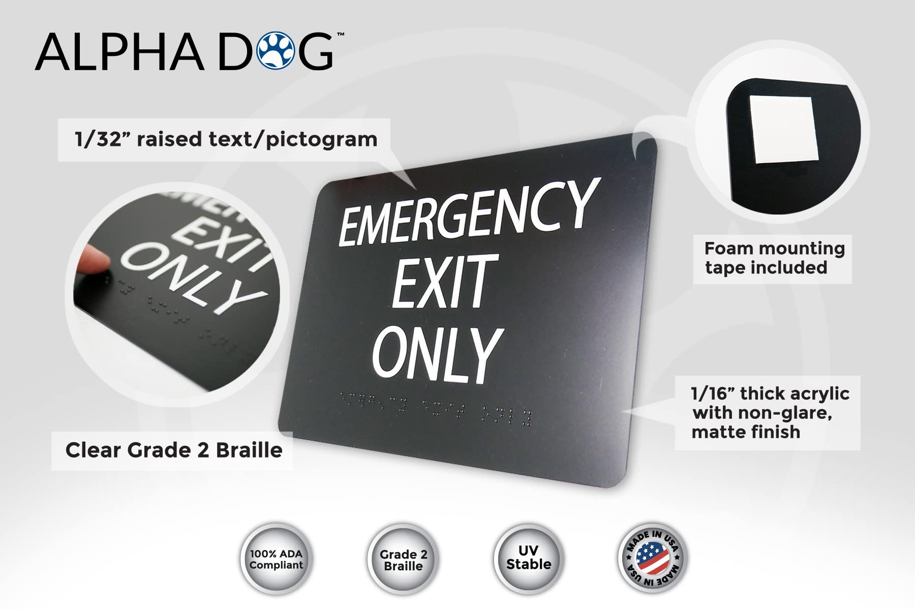 ALPHA DOG ADA SIGNS - Emergency Exit Only Sign with Braille for Your Business, 6x9 Inch, ADA Compliant, Indoor or Outdoor, Easy Installation, Made in the USA, Black