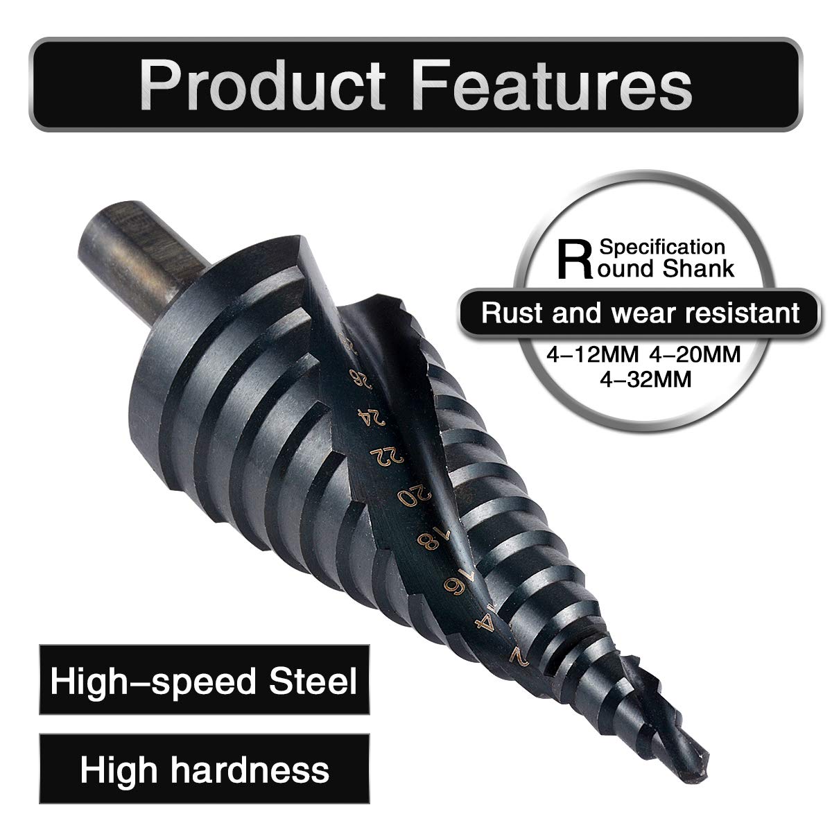 HOHXEN 3 Packs Spiral Step Drill Bit Set with 4-12mm/4-20mm/ 4-32mm, Total 32 Sizes, 1/4" Hex Shank Cone Titanium Coated High Speed Steel, Multi-Functional Industrial DIY Metalworking tools