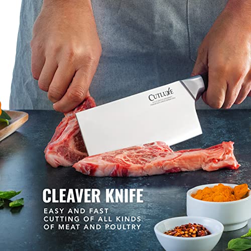 Cutluxe Cleaver Knife - 7" Meat Cleaver, Butcher Knife for Meat Cutting β Razor Sharp German Steel Blade β Full Tang Ergonomic Handle Design β Artisan Series