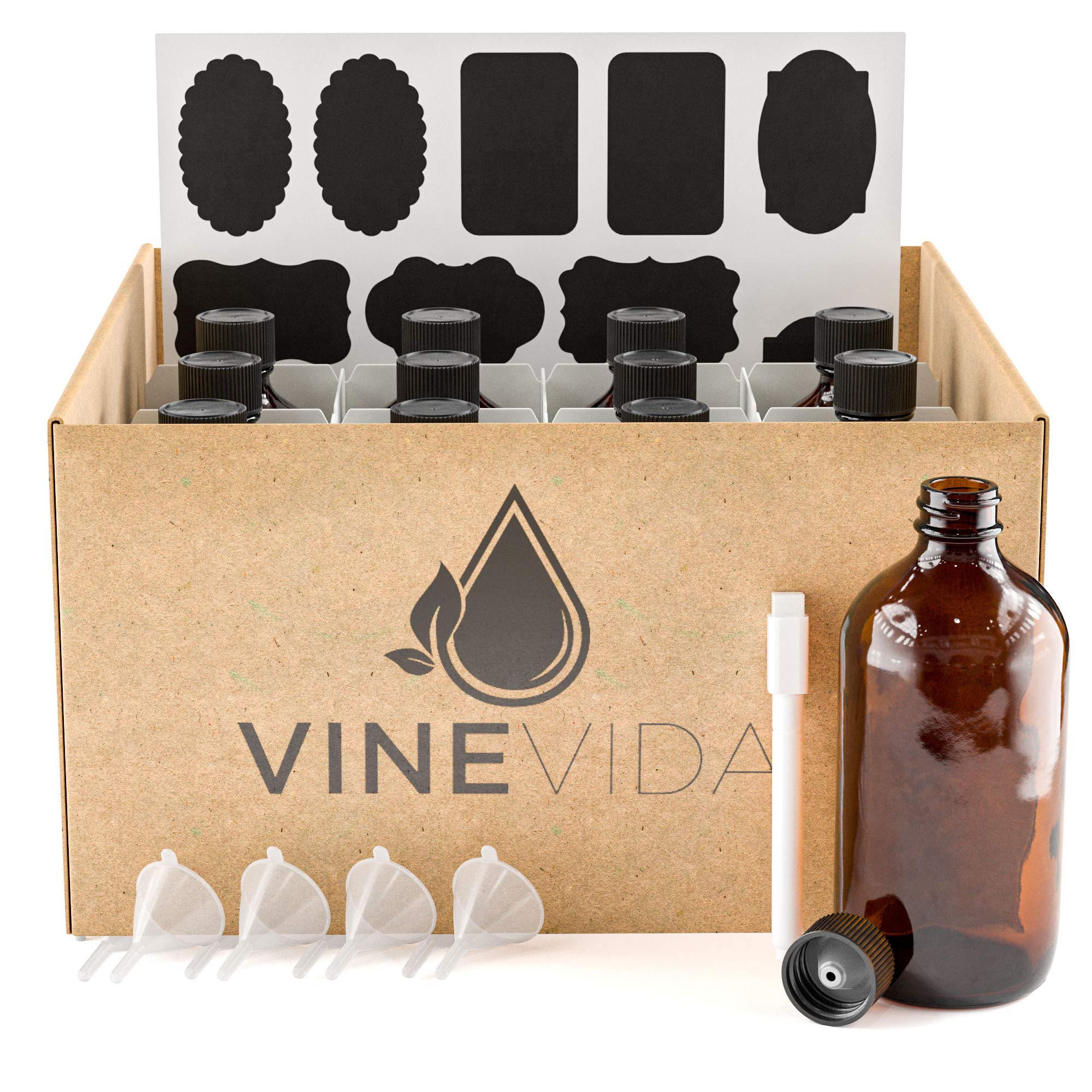 VINEVIDA 8 oz Amber Glass Bottles - 12 Pack Amber Boston Glass Bottles With Poly Cap and Accessories - Chalk Labels, Funnels - Empty Tincture Bottles for Essential Oils, Lab Chemicals, and Perfumes