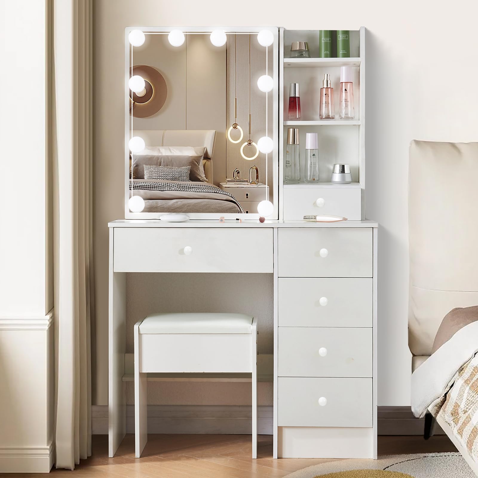 Guanglai Vanity Set with Sliding Mirror and Light, Vanity Dressing Table with 5 Drawers and Open Shelf, 2024 New Makeup Dresser, Vanity Desk with Stool for Christmas Day