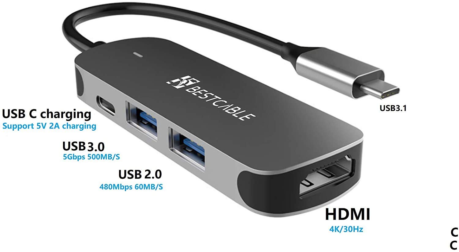 USB C Hub, BEST CABLE 4-in-1 USB C Hub Adapter - USB C to HDMI 4K@30Hz,USB C Charging Port,USB3.0, USB 2.0, Compatible with MacBook Pro/Air, Pro,Galaxy,Pixelbook and More USB C 3.1 Devices