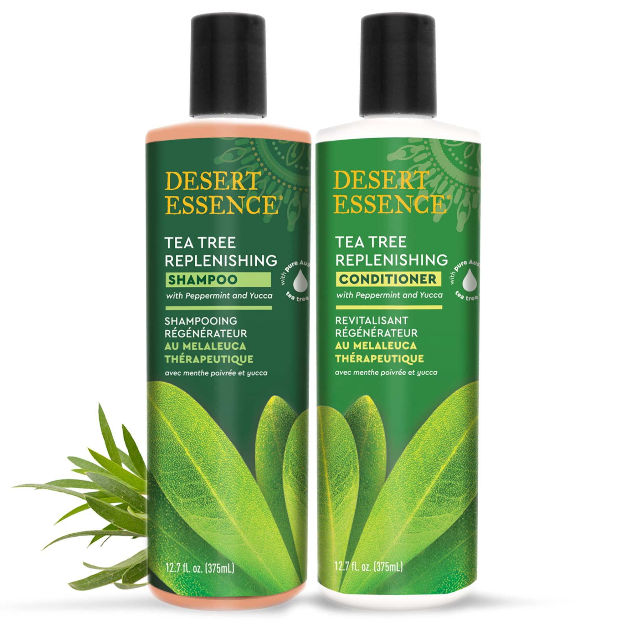 Desert Essence Tea Tree Replenishing Shampoo and Conditioner Bundle - 12.7 Fl Ounce - Therapeutic - Peppermint & Yucca - All Skin Types - Tea Tree Oil - Restore & Nurture Hair