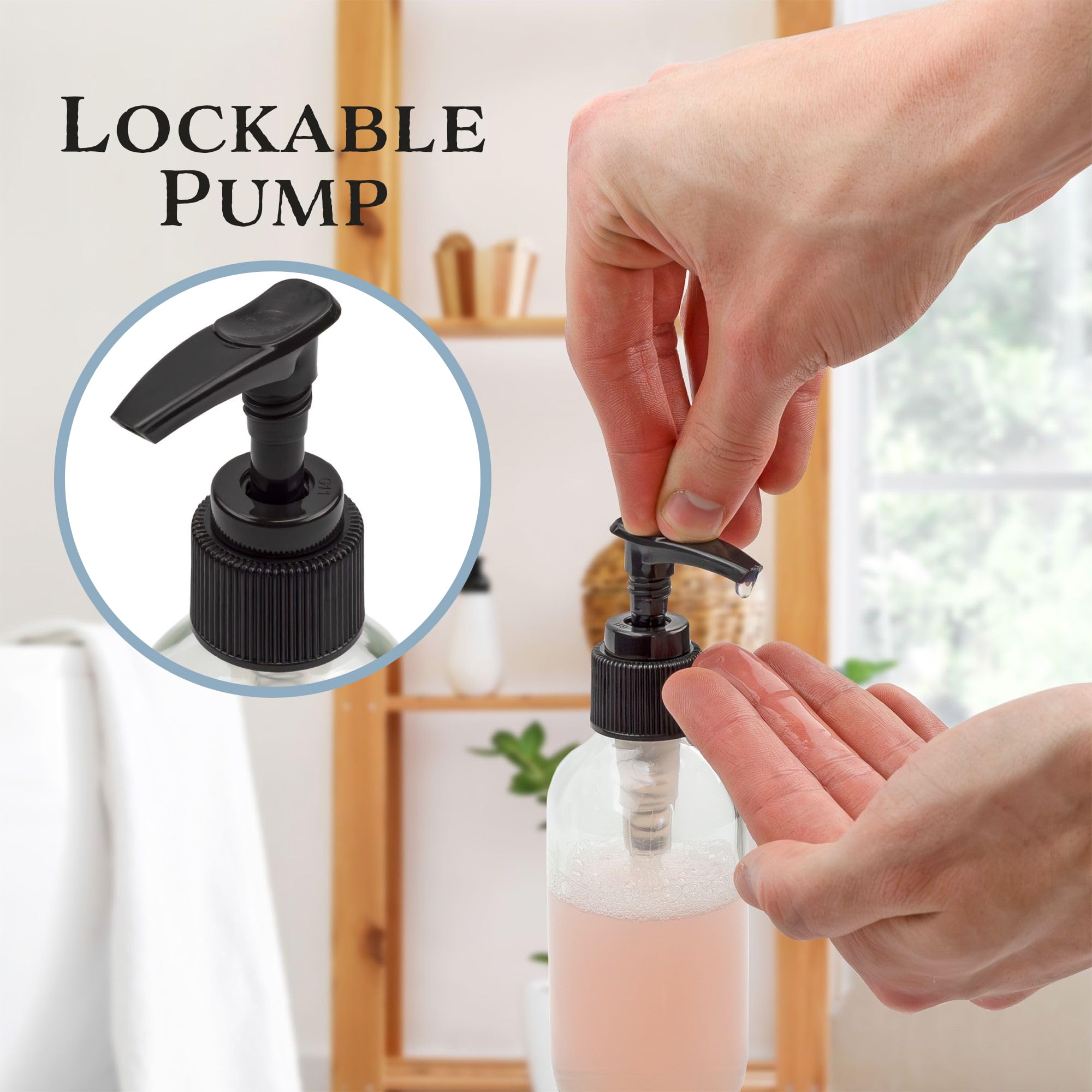 Cornucopia Brands 4oz Clear Glass Pump Bottles (4 Pack); Refillable Glass Containers w/Black Plastic Soap/Lotion Pump Dispensers
