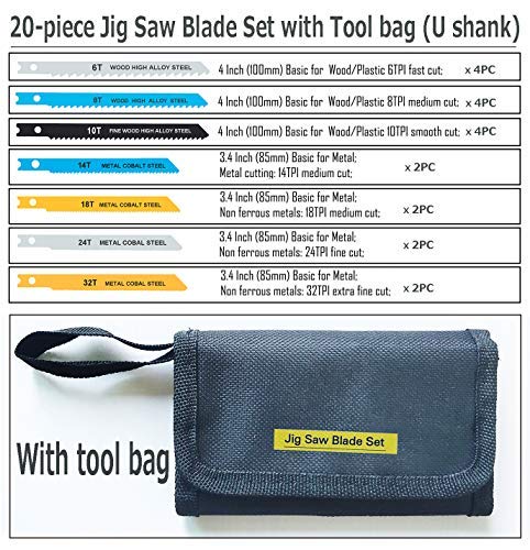 20-Piece Universal Jig Saw Blade Set for Wood,Plastic and Metal Cutting with Tool Bag Universal Design fits All Name Brand and Import jig saws