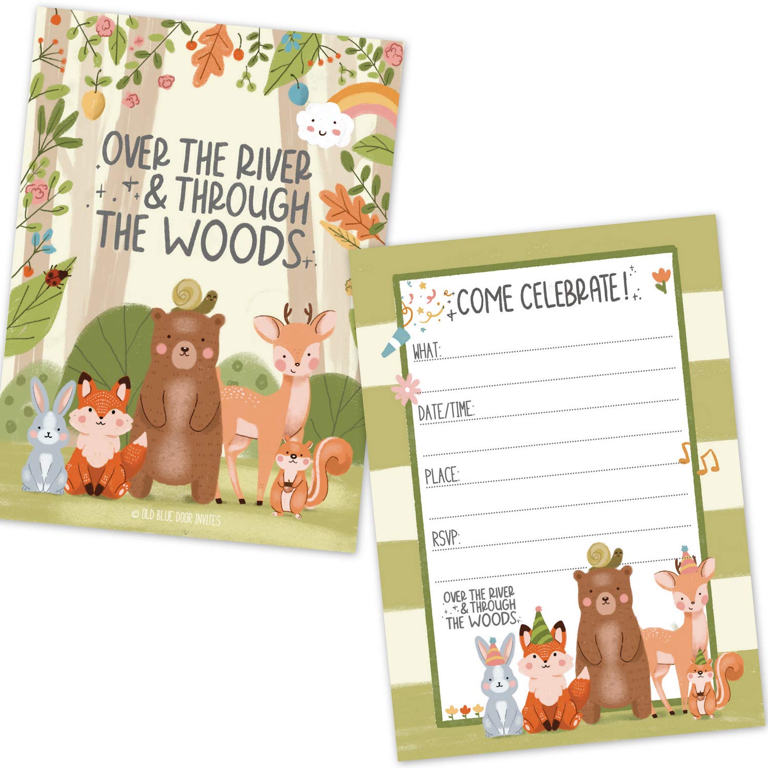 Nature Forest Woodland Animals Kids Birthday Party Invitations (20 Count with Envelopes) - Animal First Birthday Invite - Forest Creatures Baby Shower - Bear, Deer, Fox, Rabbit, Squirrel, Snail