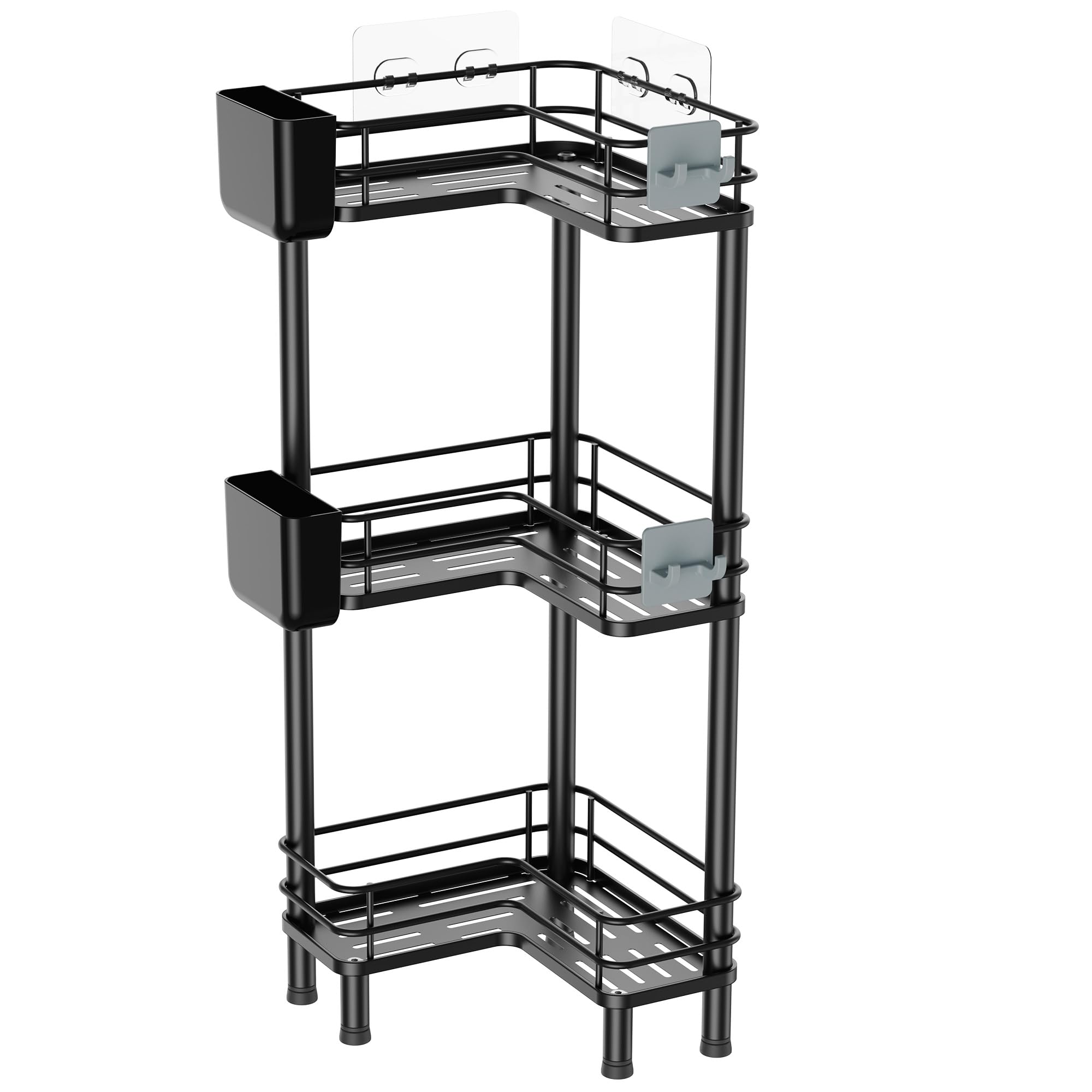 Orimade Rustproof 3 Tier Floor Standing Corner Shower Caddy Organizer with Toothbrush Holder, Large Spacing Floor Shower Shelf Rack Storage Stands with Hooks for Bathroom Kitchen, Black