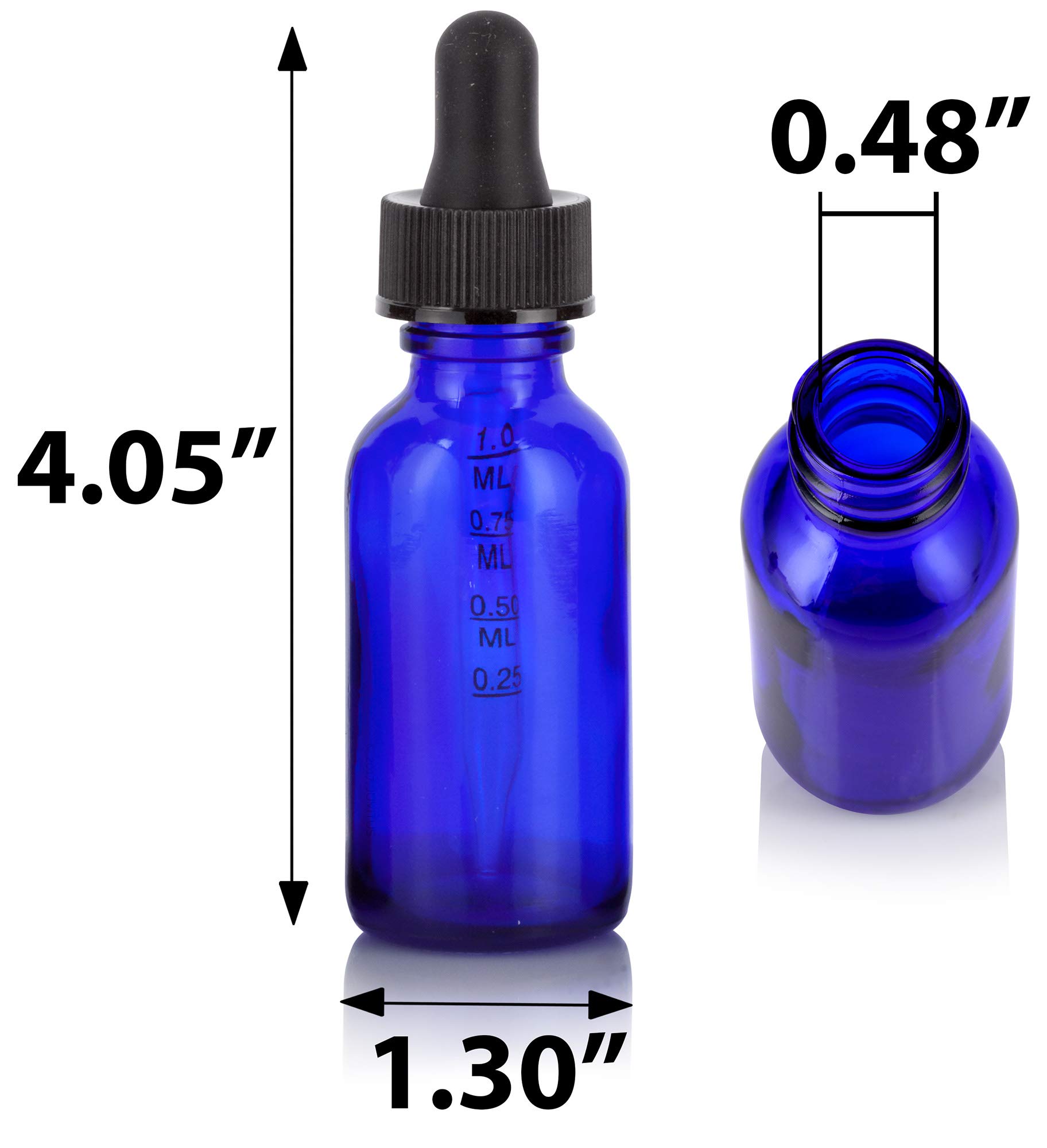 JUVITUS 1 oz / 30 ml Cobalt Blue Glass Boston Round Bottle with Graduated Measurement Glass Dropper (4 pack) + Funnel