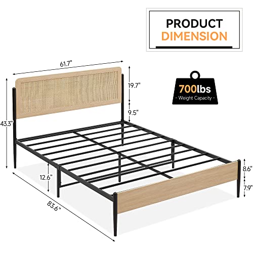 IDEALHOUSE Queen Size Bed Frame with Rattan Headboard, Platform Bed Frame with Safe Rounded Corners, Strong Metal Slats Support, Mattress Foundation, Noise-Free, No Box Spring Needed, White Oak