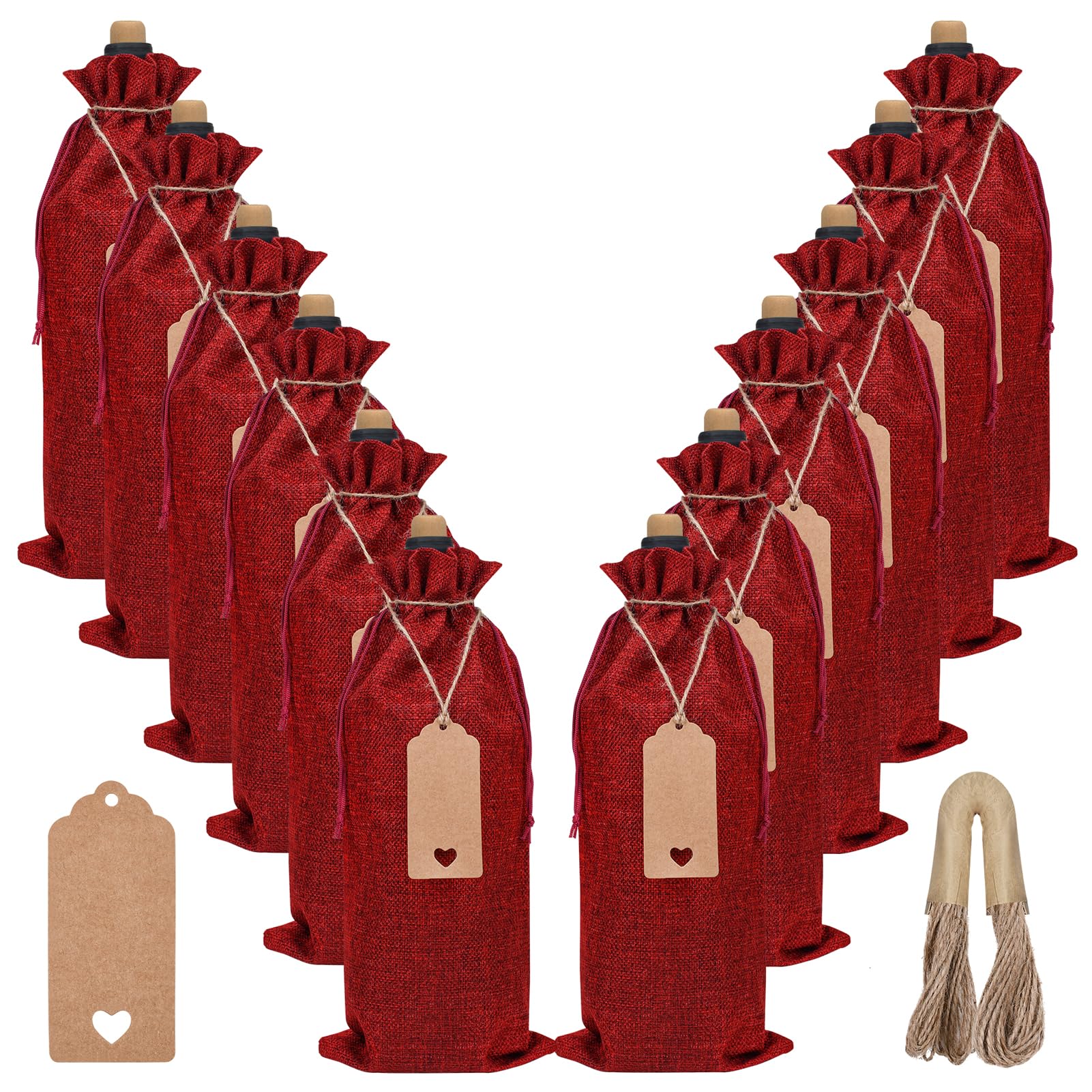 EVRWO Burlap Wine Bags 12 Pcs Wine Bottle Gift Bags Reusable Gift Bags With Drawstrings Tags & Ropes for Holiday Weedings Party, Birthdays, Travel, Blind Tastings, Home Storage 750ml (Burgundy)