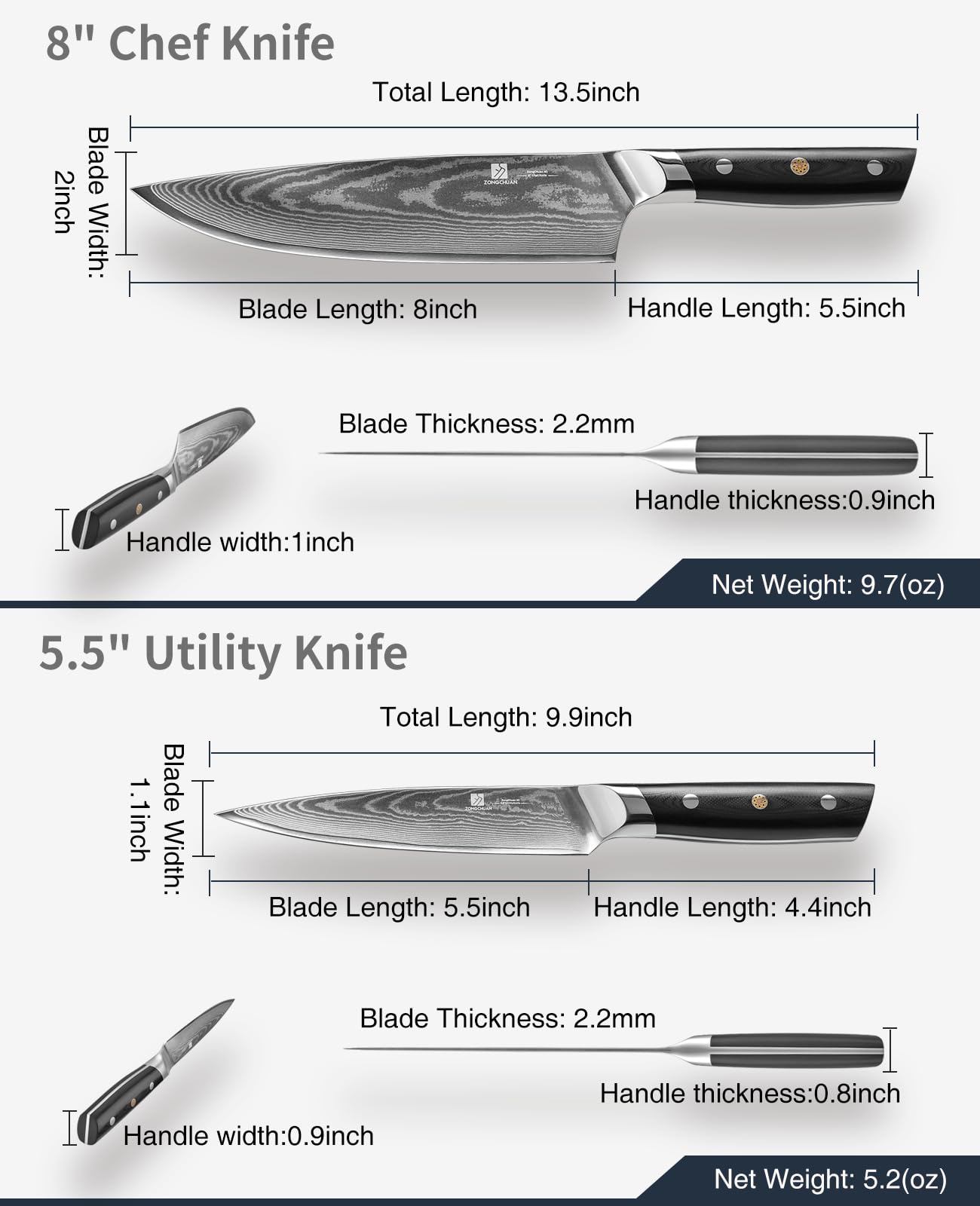 ZongChuan 8C Damascus Kitchen Knife Set 2pc,8" Chef Knife and 5.5" Utility Knife,High Carbon Stainless Steel,5-Star Sharp Standard,Black Ergonomic G10 Handle,Love's Gift Box