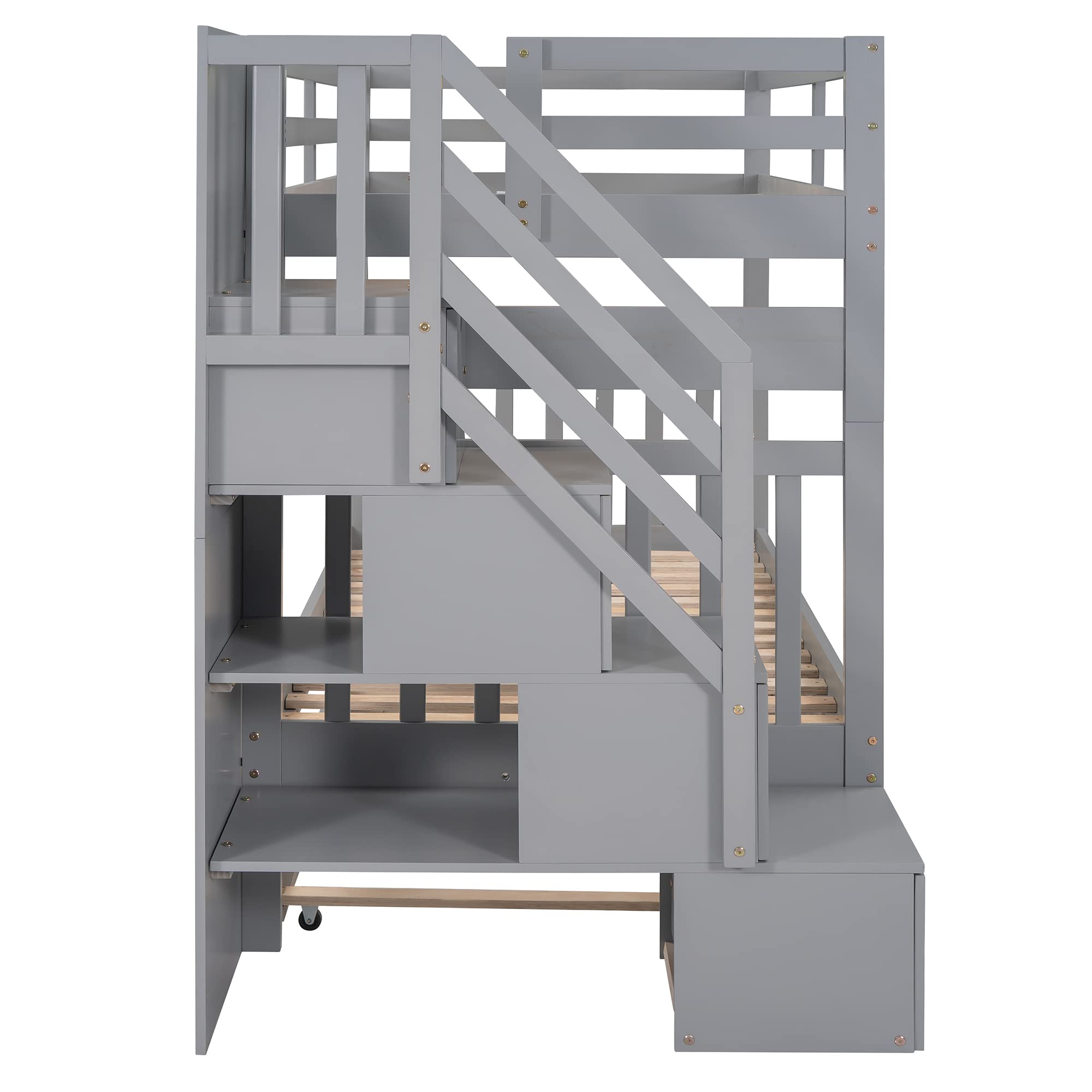 BIADNBZ L-Shaped Triple Bunk Bed for 3 Twin Size with Two Drawers and Built-in Stepladders for Kids/Teens,Gray