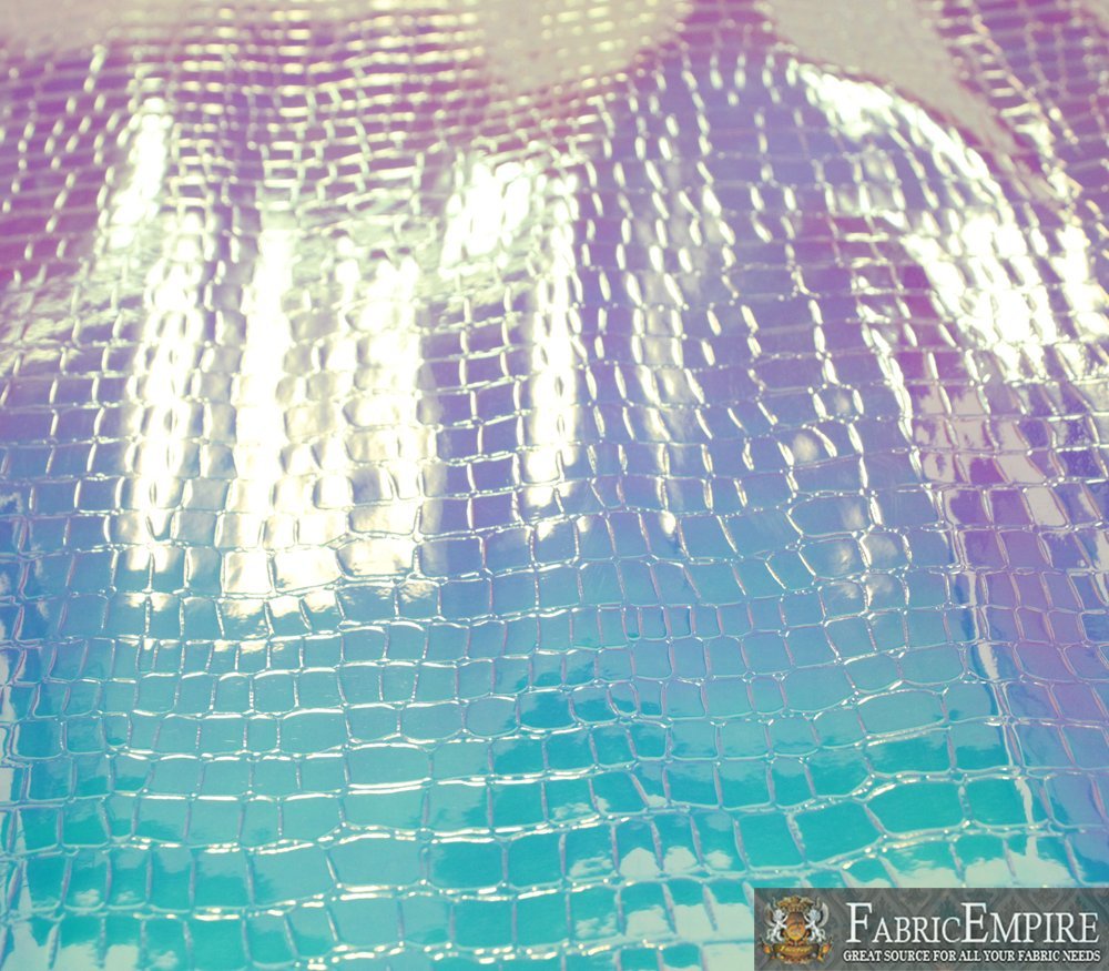Fabric Empire Vinyl Upholstery Embossed Crocodile Holographic Glossy Fabric Light Blue 54" Wide Sold by The Yard