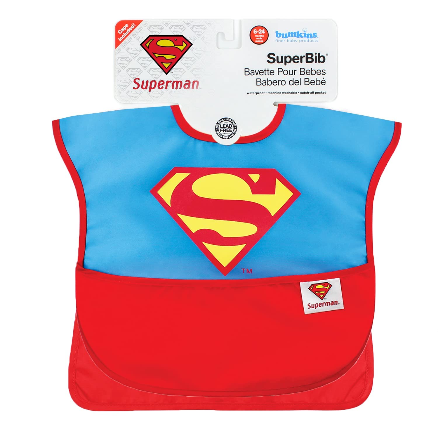Bumkins Bib for Girl or Boy, Baby and Toddler for 6-24 Months, Essential Must Have for Eating, Feeding, Baby Led Weaning, Mess Saving Waterproof Soft Fabric, SuperBib with Cape, Superman DC Comics