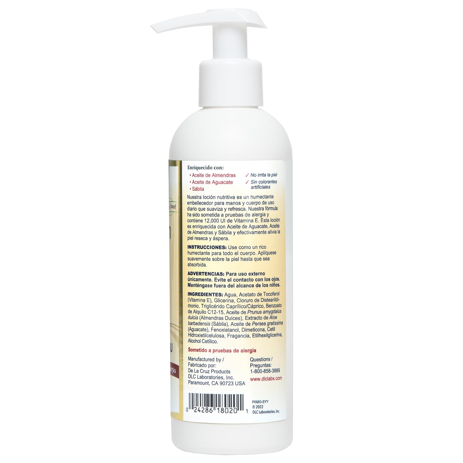 De La Cruz Vitamin E Lotion for Dry Skin with 12,000 IU - Moisturizing Body Lotion for All Skin Types - Made in USA, 8 FL OZ.