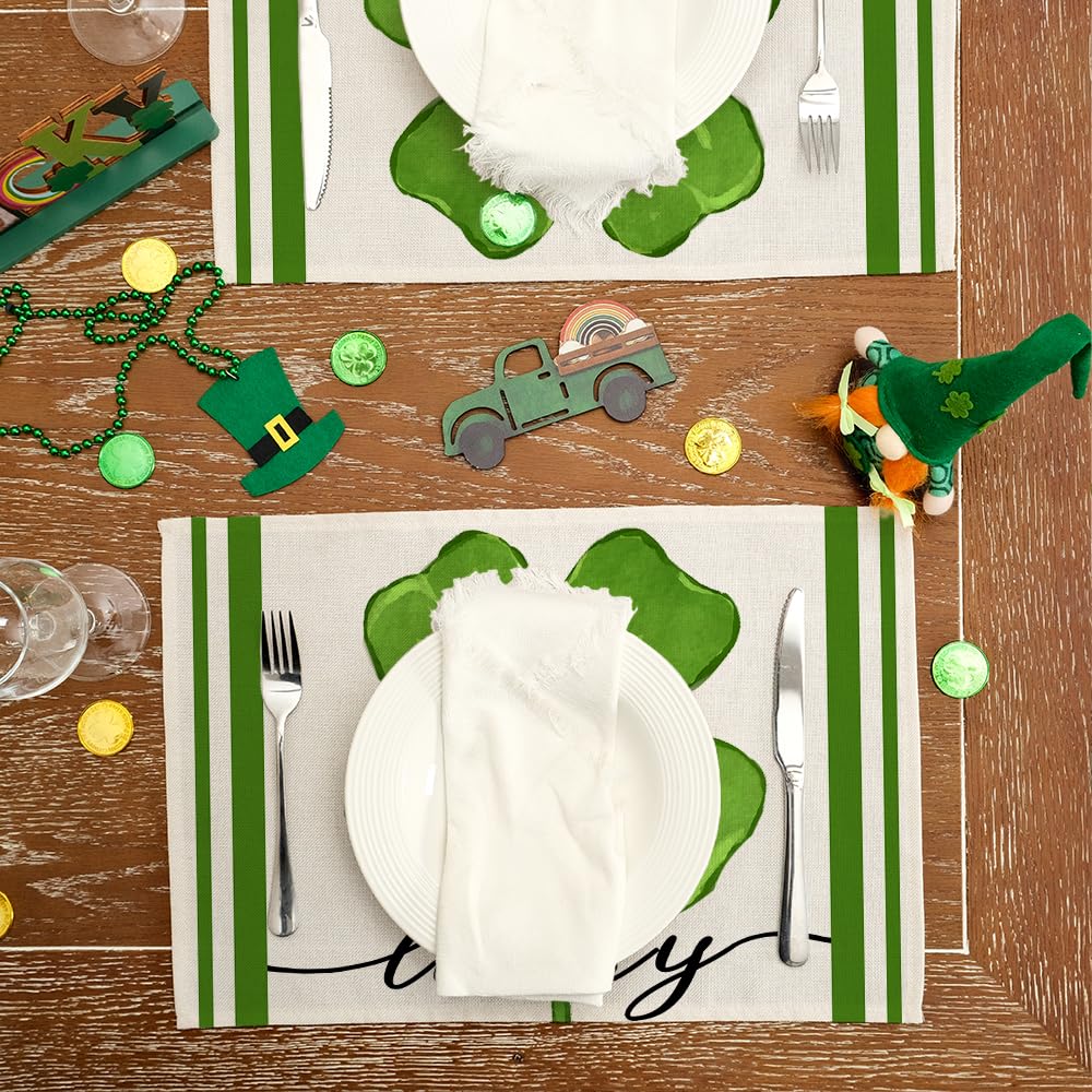 ARKENY St Patricks Day Placemats 12x18 Inches Set of 4, Green Shamrock Spring Seasonal Farmhouse Burlap Indoor Kitchen Dining Table Mats Decorations for Home Party AP032-18