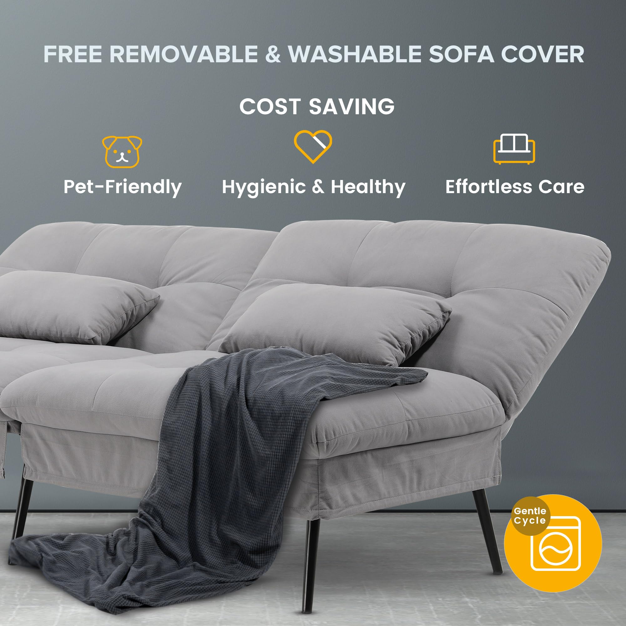 COMHOMA Convertible Sofa Bed, 68″Fabric Couch with Adjustable Backrest, Loveseat Recliner Sleeper Living Room Furniture futon Set, Grey