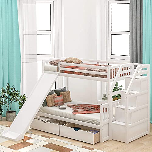 ATH-S Twin Over Full Bunk Bed with Slide, Twin Over Full Bunk Bed with Storage Drawers and Stairscase, Wood Bunk Bed Frame with Guardrails for Kids Boys Girls Teens Adults, No Box Spring Needed, White
