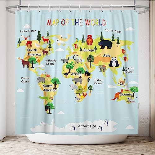 Animal World Map Children's Shower Curtain Fun Cartoon Educational Tools Plants Marine Waterproof Fabric Bathroom 72 X 72 Inches with Hooksβ¦