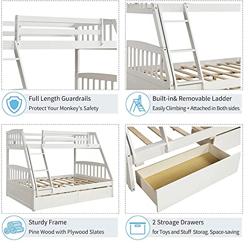 ATH-S Twin Over Twin Bunk Bed for Boys Girls Teens Adults, Solid Wood Bunk Bed Frame with Trundle and Drawers, No Box Spring Needed, White (Color : White with Drawers, Size : Twin Over Full)
