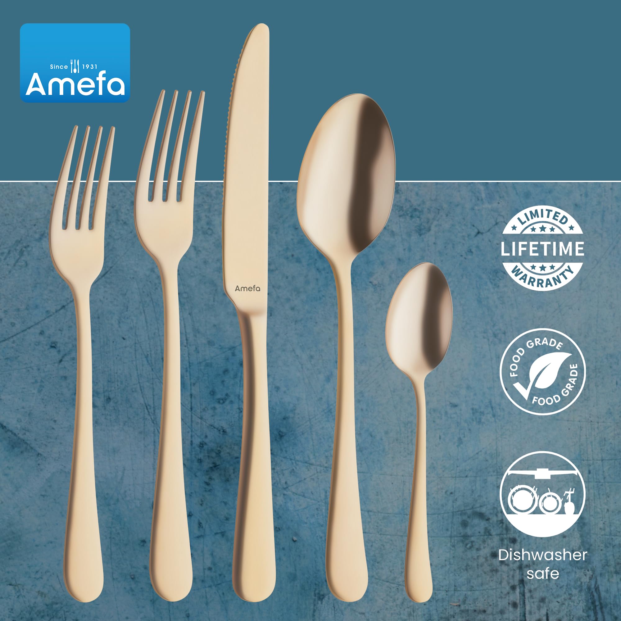 Amefa Austin 20-piece Premium 18/0 Stainless Steel Flatware Set, Satin Golden Finish, Silverware Set Service for 4, Dishwasher Safe, Rust Resistant Cutlery (Gold)