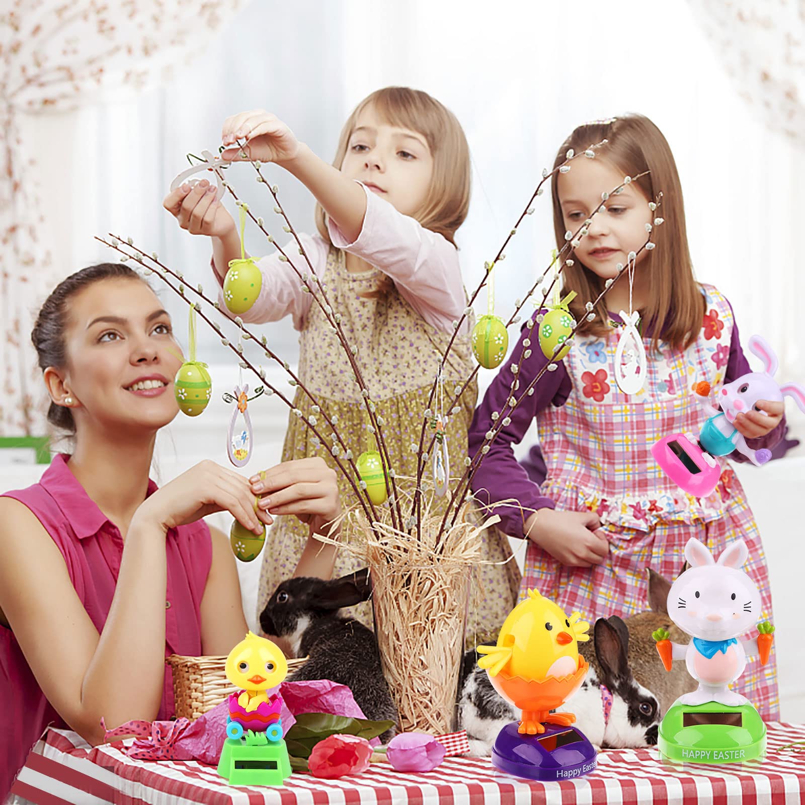 4 Pack Easter Rabbit Solar Powered Dancing Toys Bunny Car Shaking Head Dancer Doll Cute Bunny Chick Swing Figurines Car Windowsill Decor Valentine's Day Toys Gift for Car Dashboard Office Desk Decor