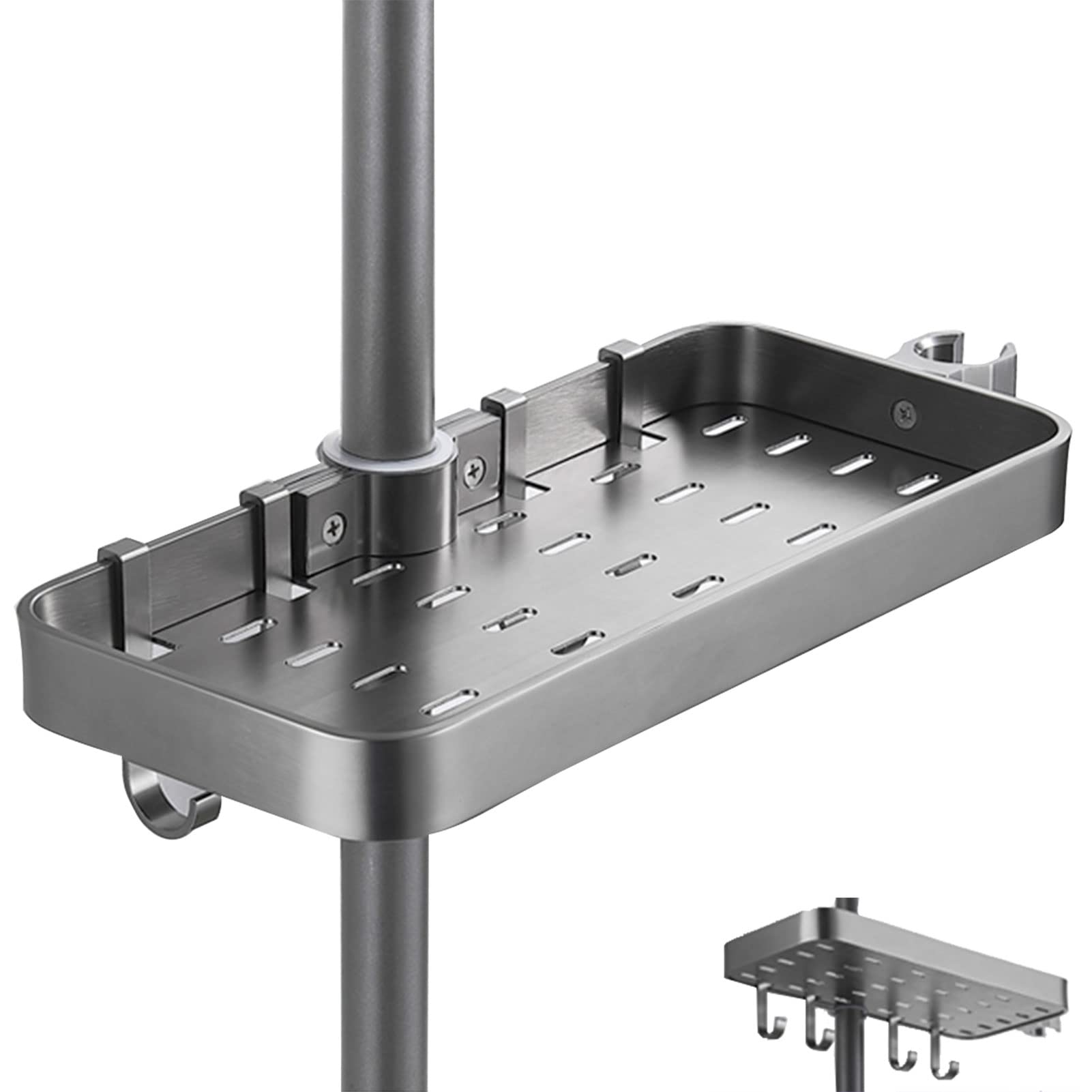 Aluminium Shower Shelf for Shower Rail Shower Caddy Shelves No Drilling Shower Rack,Shower Holder with 4 Hooks Holder and Guardrail Stand for Soap Shampoo Conditioner Organizer,for 19mm - 25mm Rail