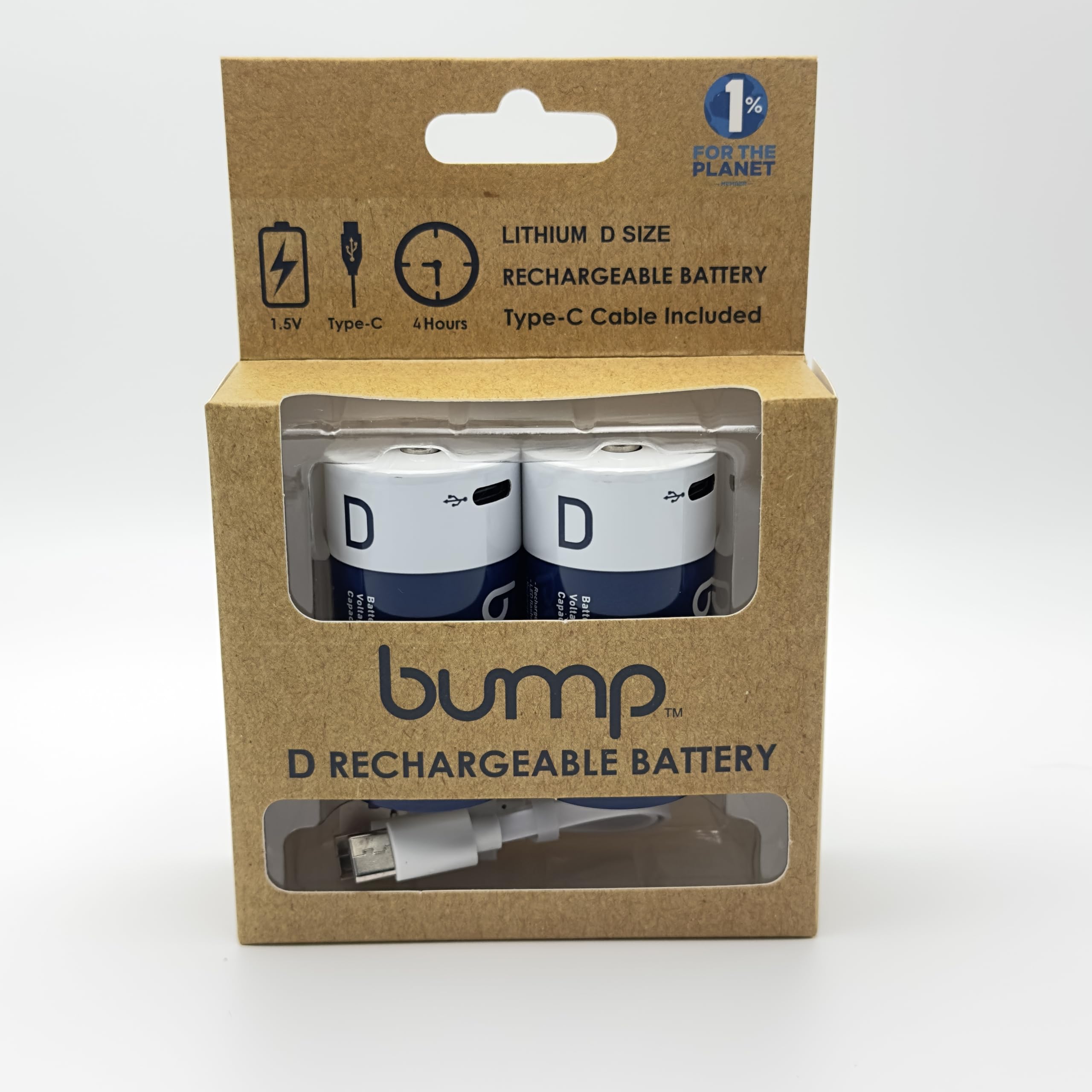 bump D 1.5V Rechargeable Batteries - 2 Pack - Lithium Ion, 12000 mWh, Fast & Long Lasting USB-C Charge, Use in Flashlights, Devices w/Extended Running Time Requirements, Charger Cable Included