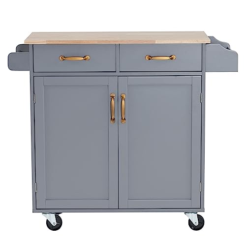 APDYNE Two Door Two Roll Out Kitchen Cart and Storage Cabinet, Rubber Wood Gray Paint Dining Car 99.5 * 40 * 85.5cm, Towel Rack, Adjustable Rack, and Lockable Wheels